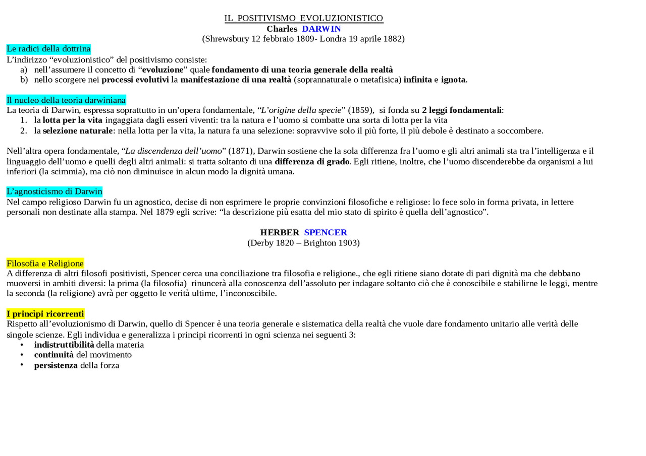 Il Positivismo Evoluzionistico E Chiarles Darwin Docsity