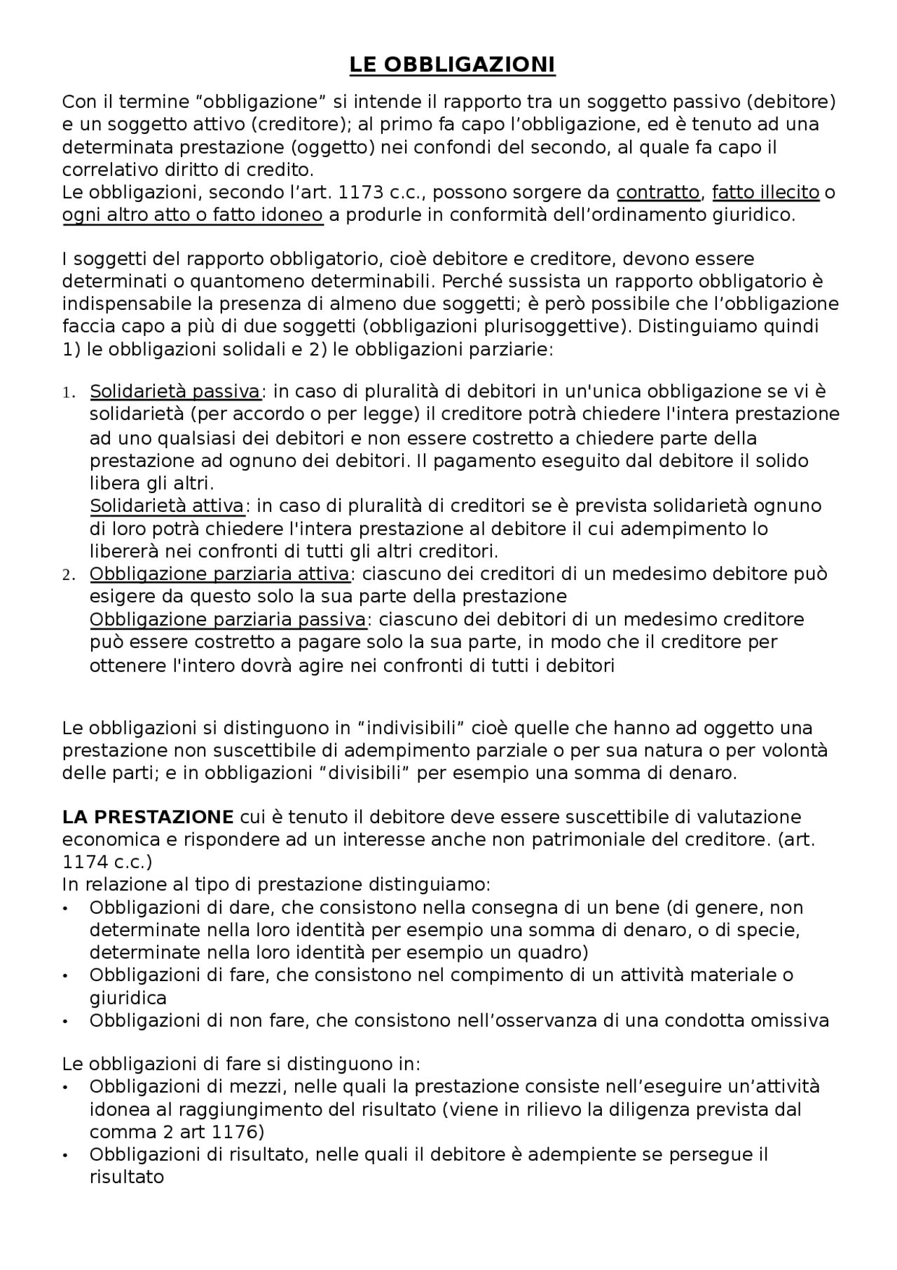 Diritto Privato Le Obbligazioni Riassunto Docsity