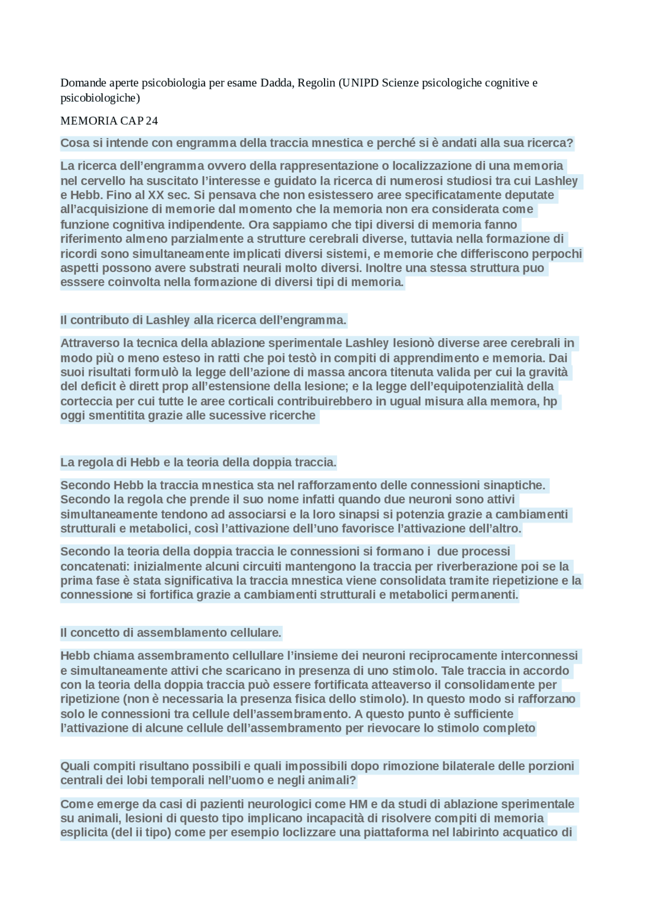 Domande Aperte Per Esame Di Psicobiologia Prove Desame Di