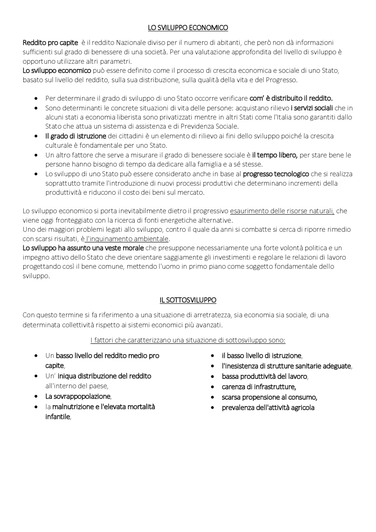 Sviluppo Economico Riassunto Docsity
