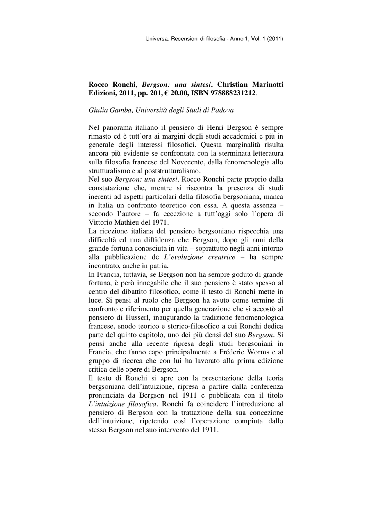 Bergson di Rocco Ronchi - Docsity