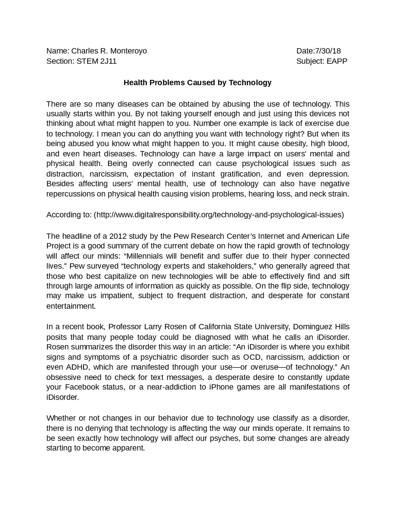 Health Problems Caused by Technology - Docsity