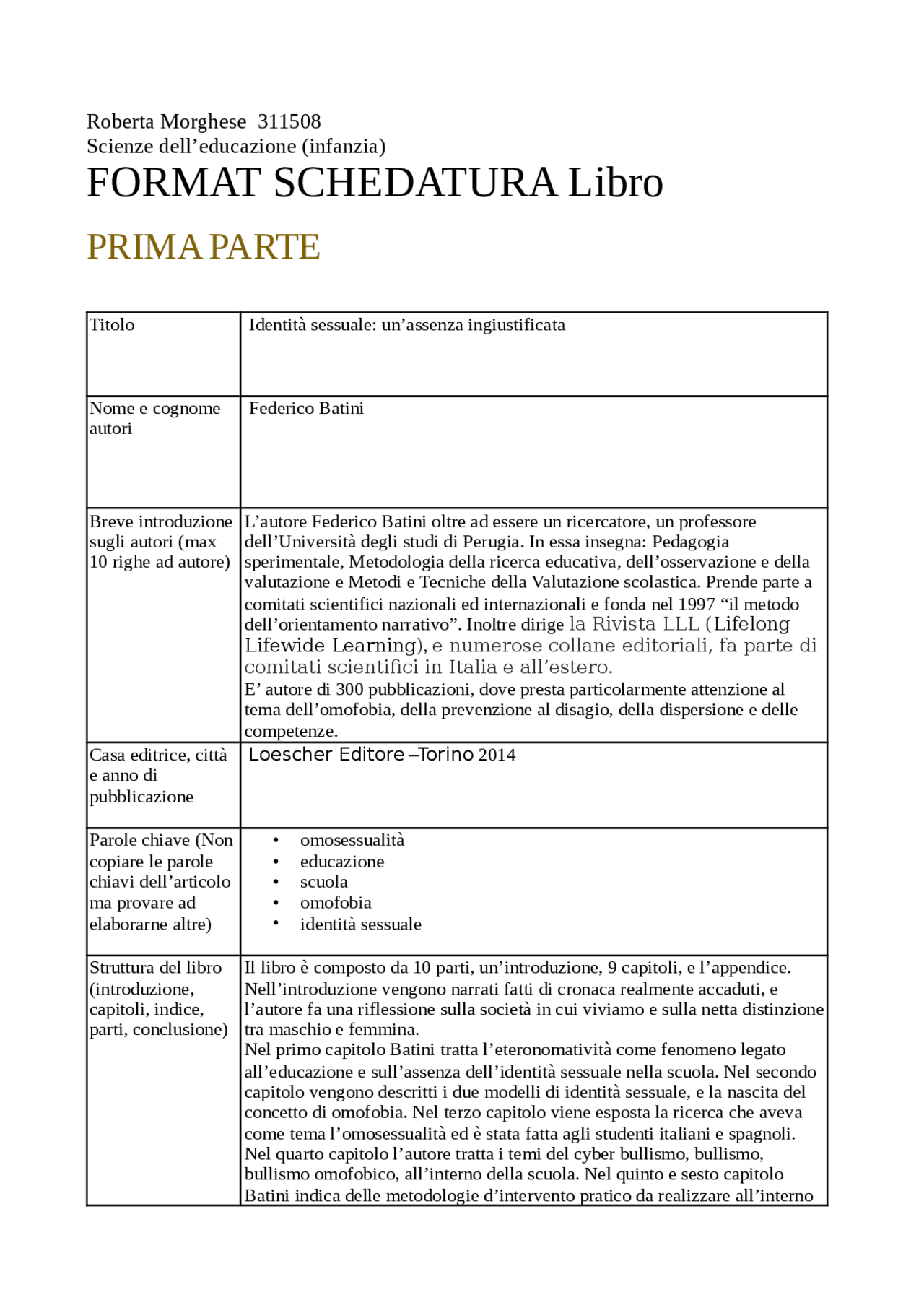 Schedatura Libro Identità Sessuale Unassenza Ingiustificata Docsity