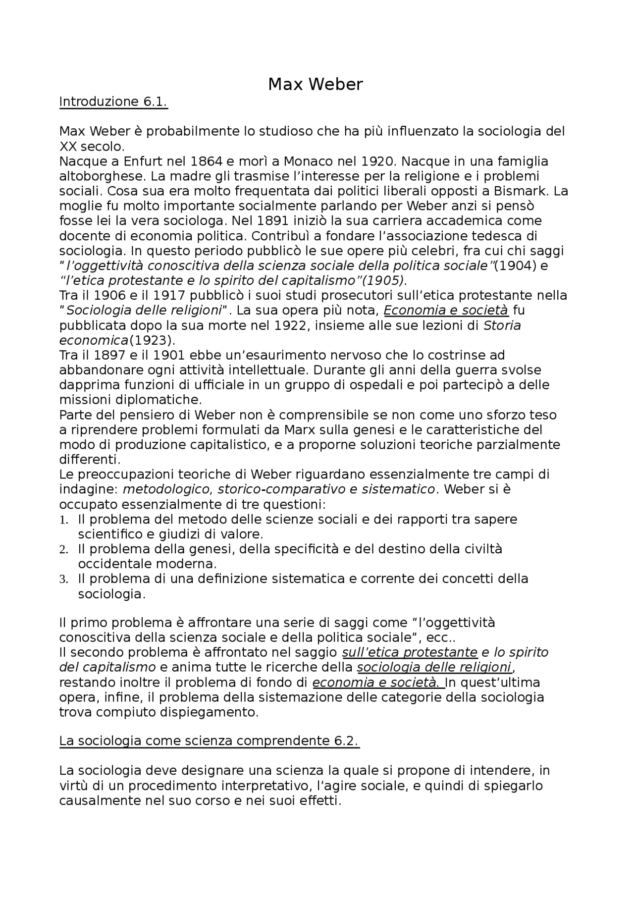 Max Weber Sociologia Sintesi Del Corso Di Sociologia Docsity