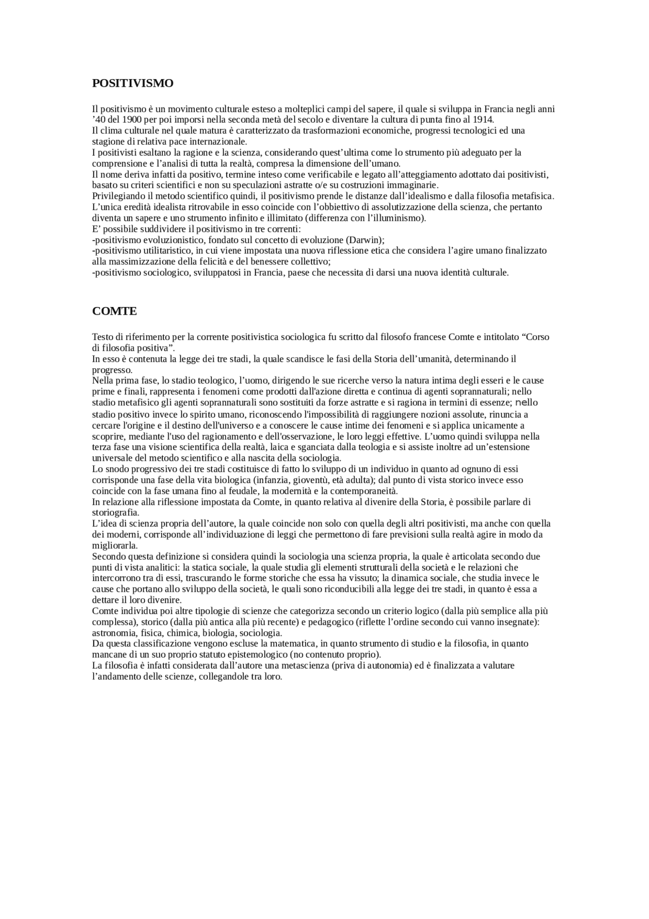 Il Positivismo E Comte Appunti Di Filosofia Docsity