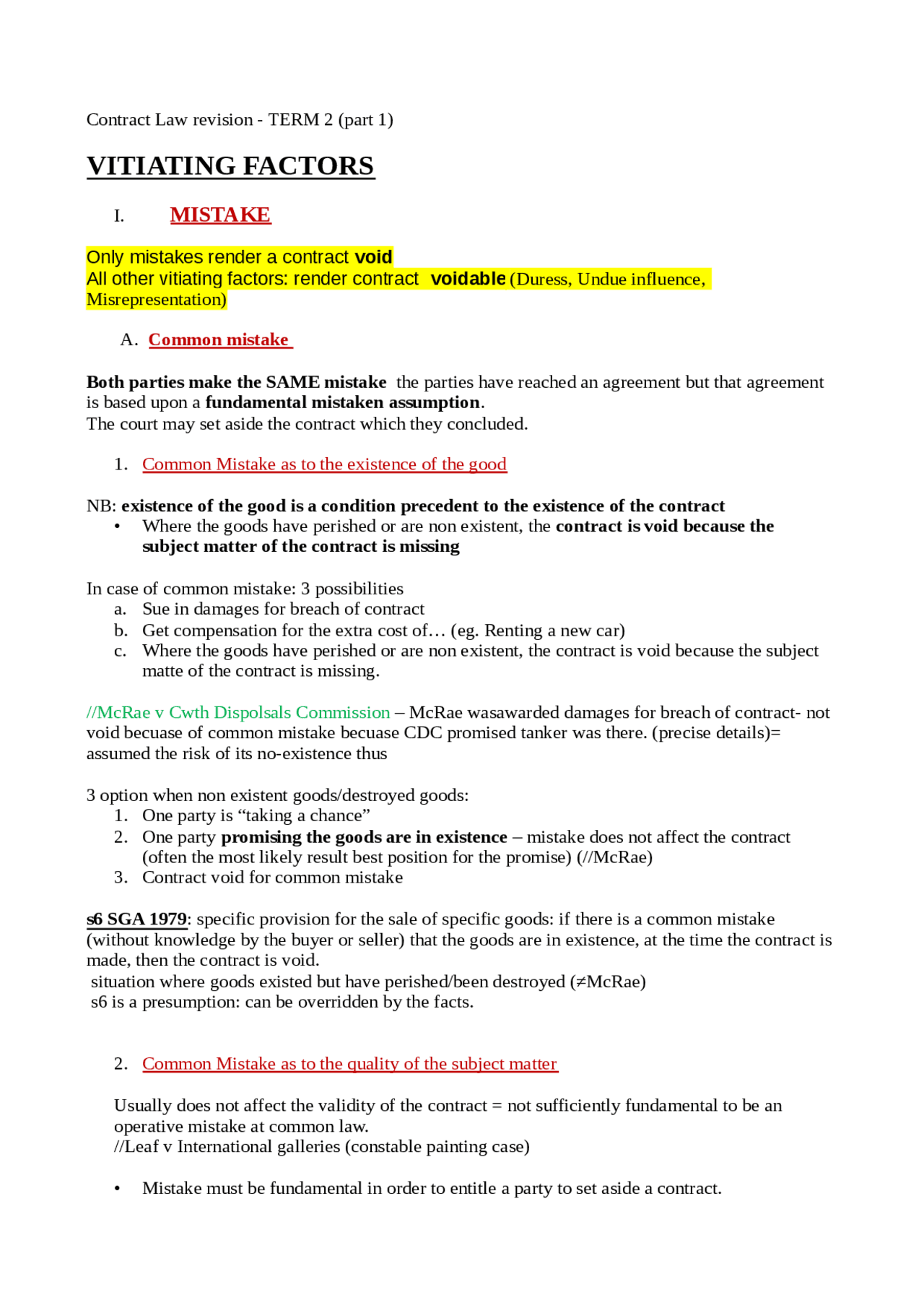 Vitiating factors in contract law - Docsity