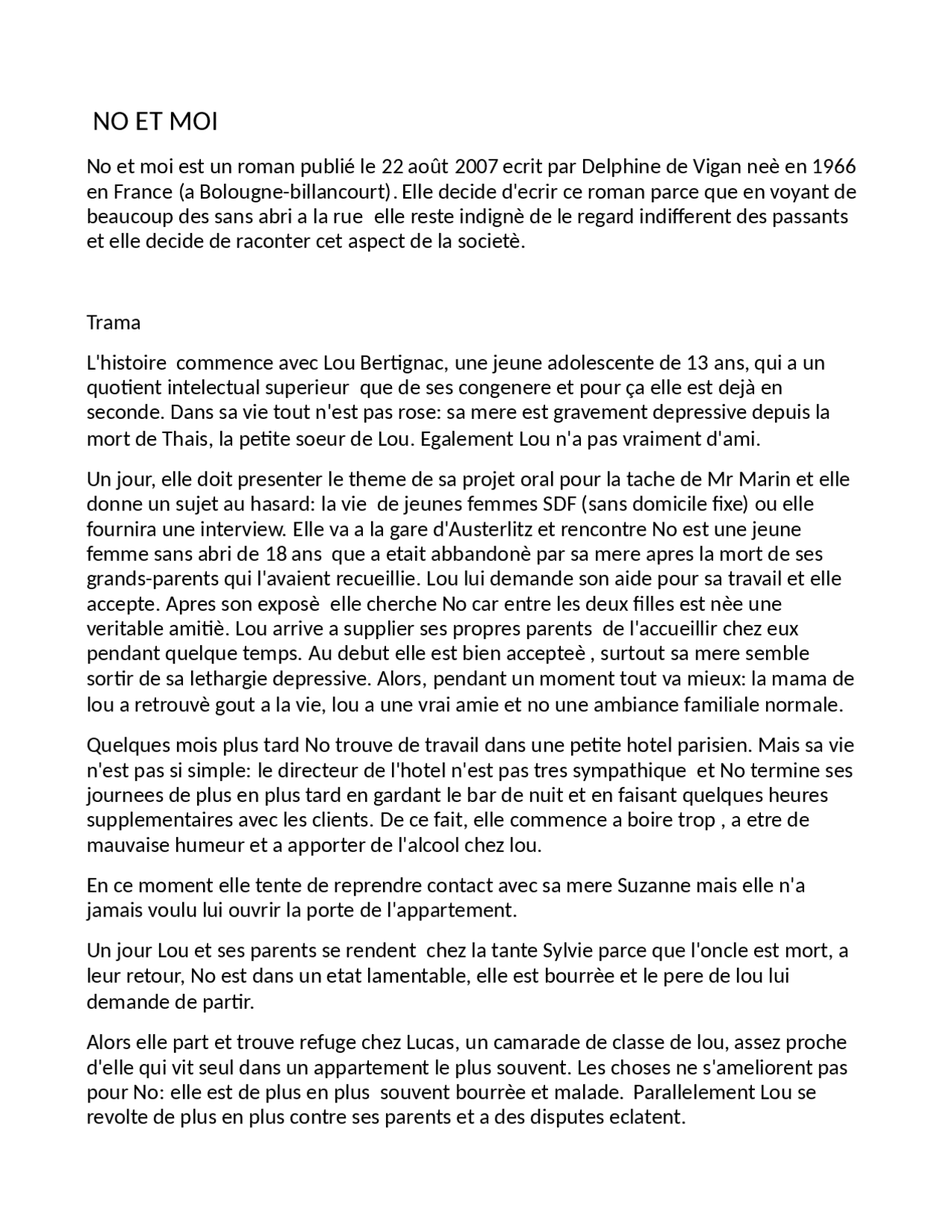 Riassunto di No et moi | Appunti di Francese | Docsity