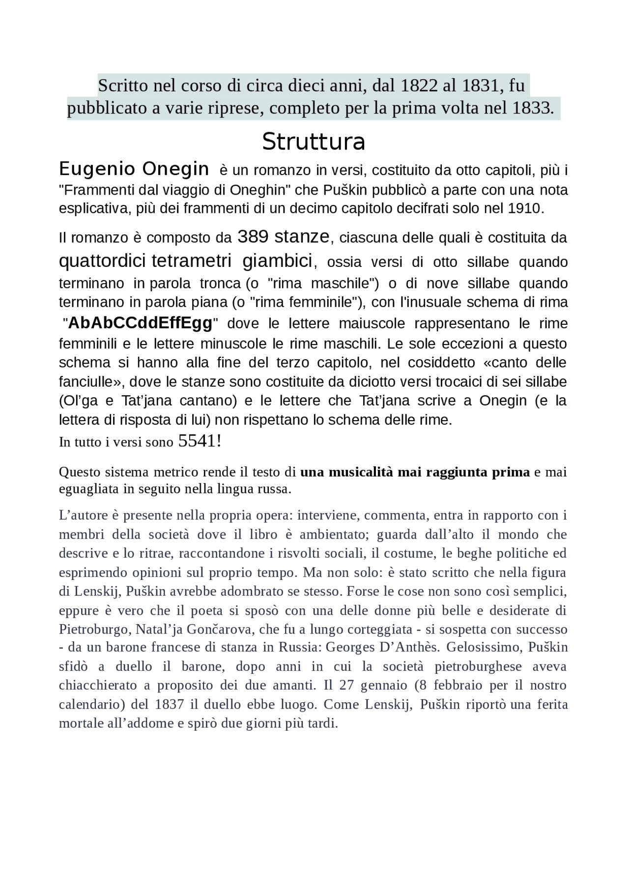 Evgenij Onegin Inizio Appunti Docsity