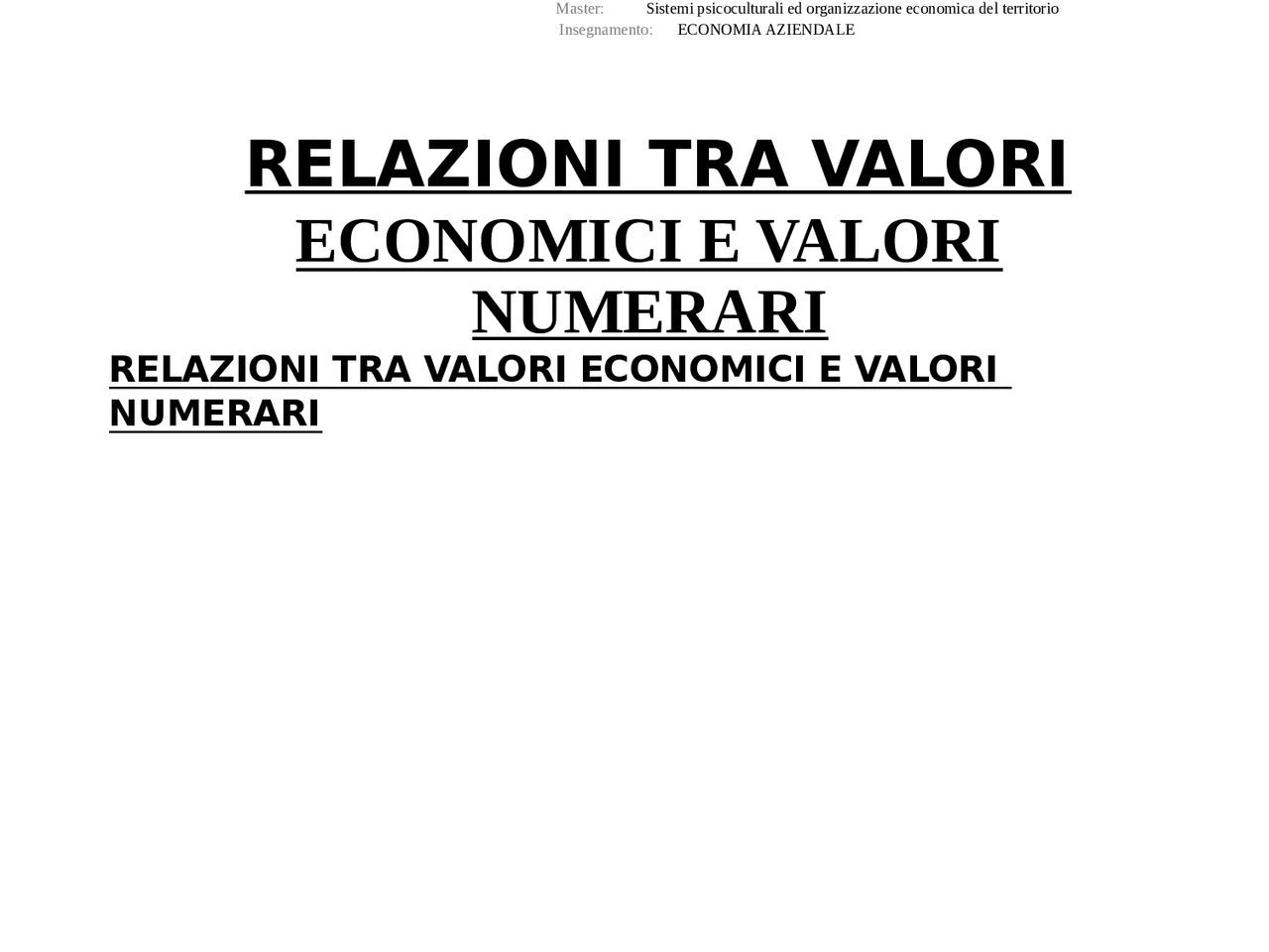I valori numerari di economia aziendale - Docsity