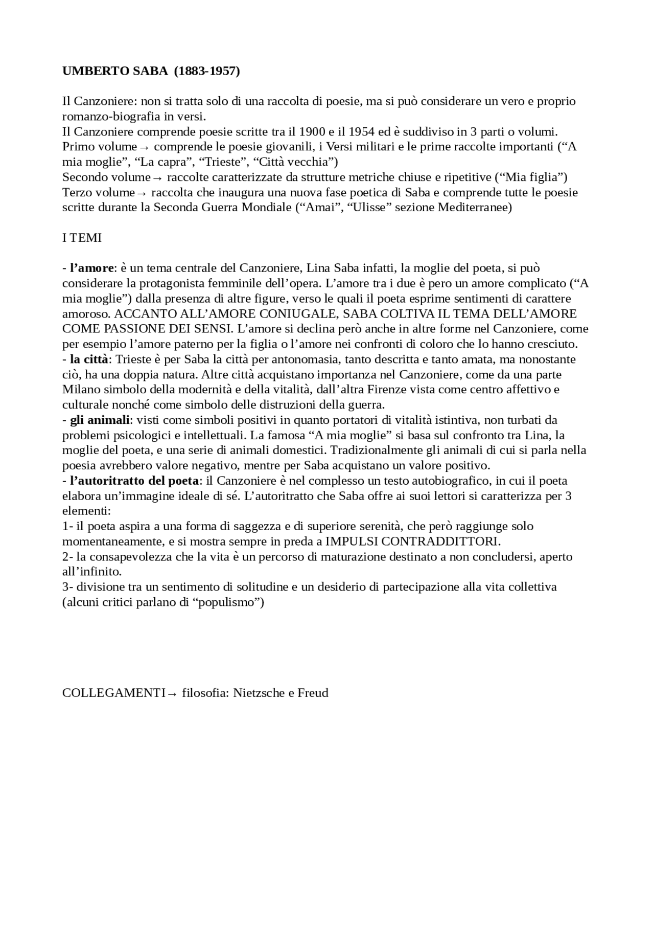 Umberto Saba Vita Morte Opere Princiapli Docsity
