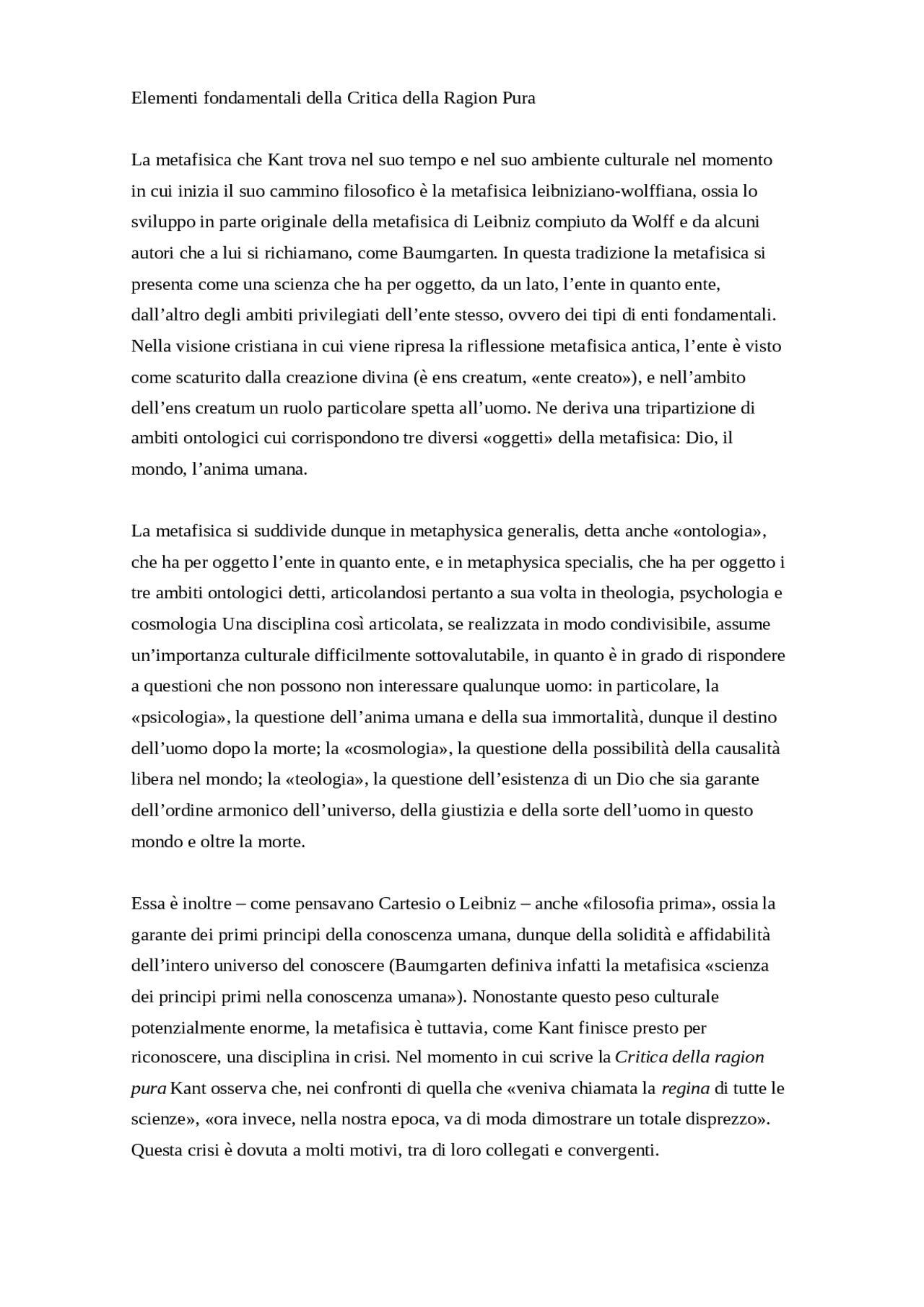 Critica Ragion Pura Di Immanuel Kant Docsity