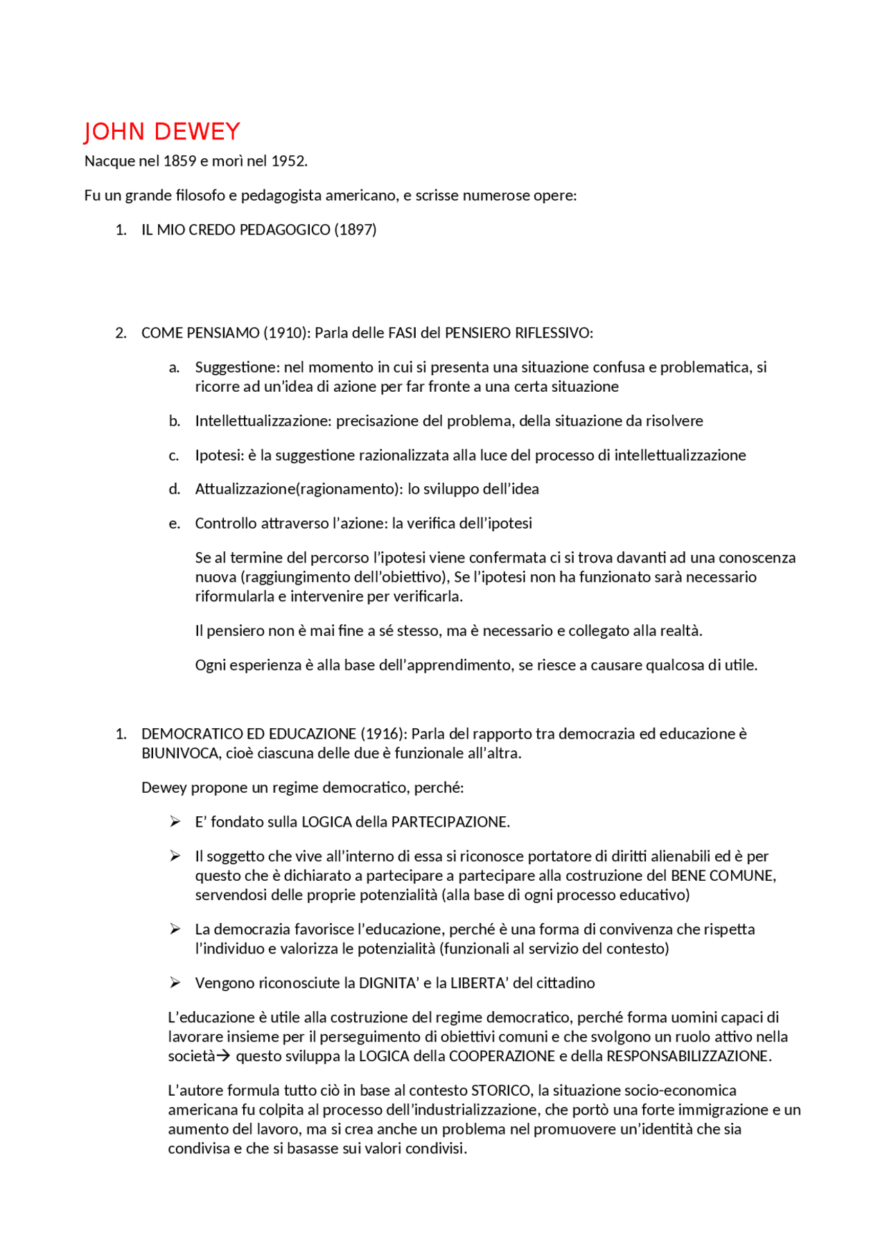 Dewey E Storia Della Pedagogia Docsity