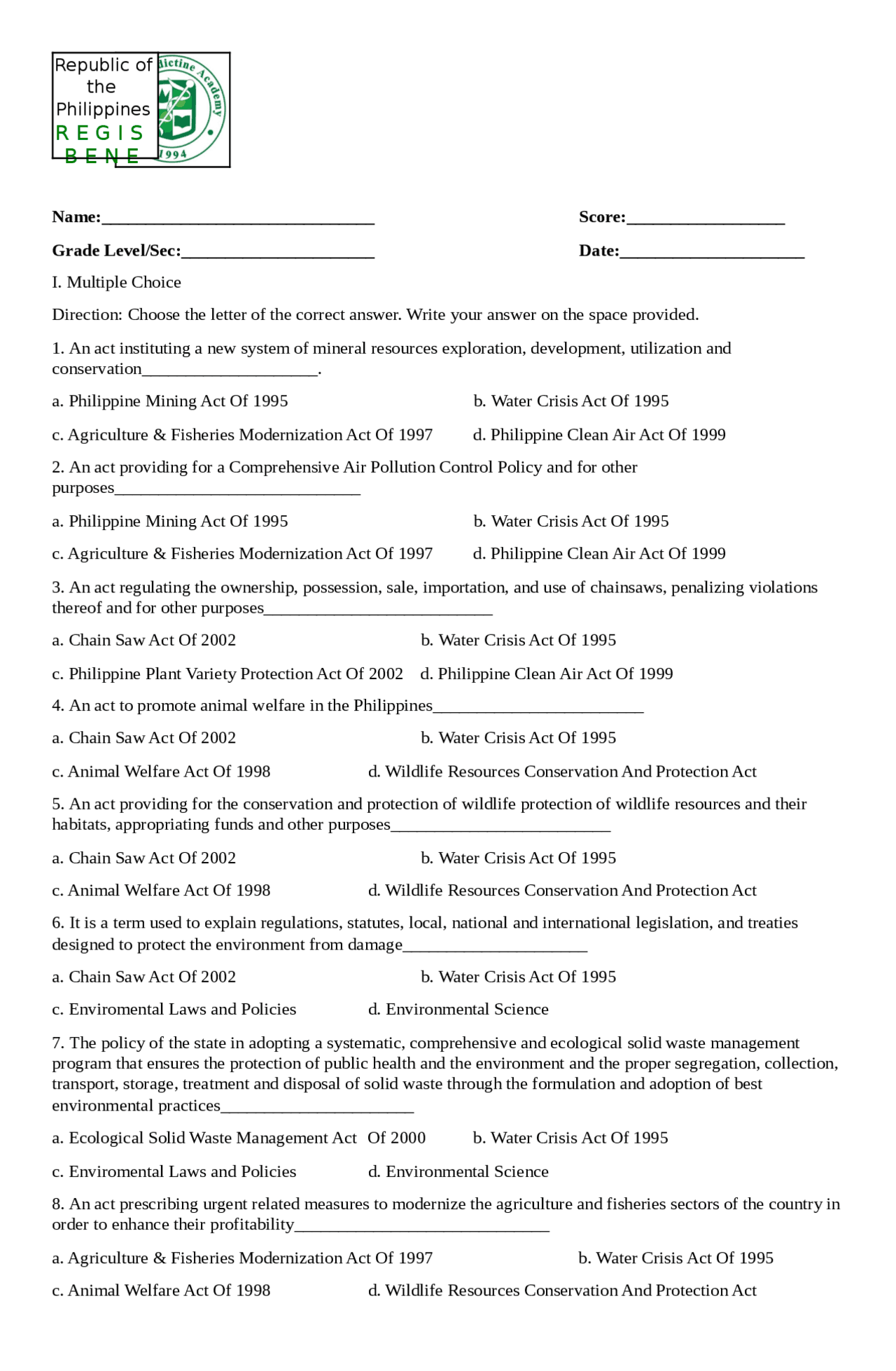 Exam In Environmental Science Docsity