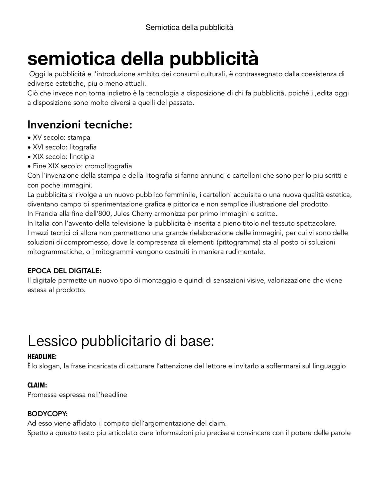 Appunti prima parte semiotica della pubblicità - Docsity