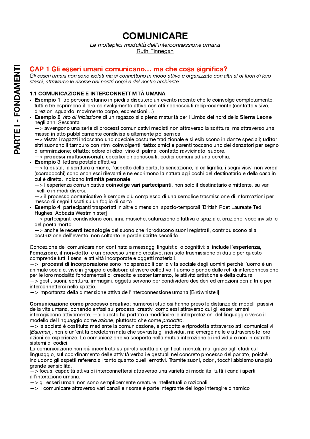 Riassunto - COMUNICARE - Ruth Finnegan - Docsity