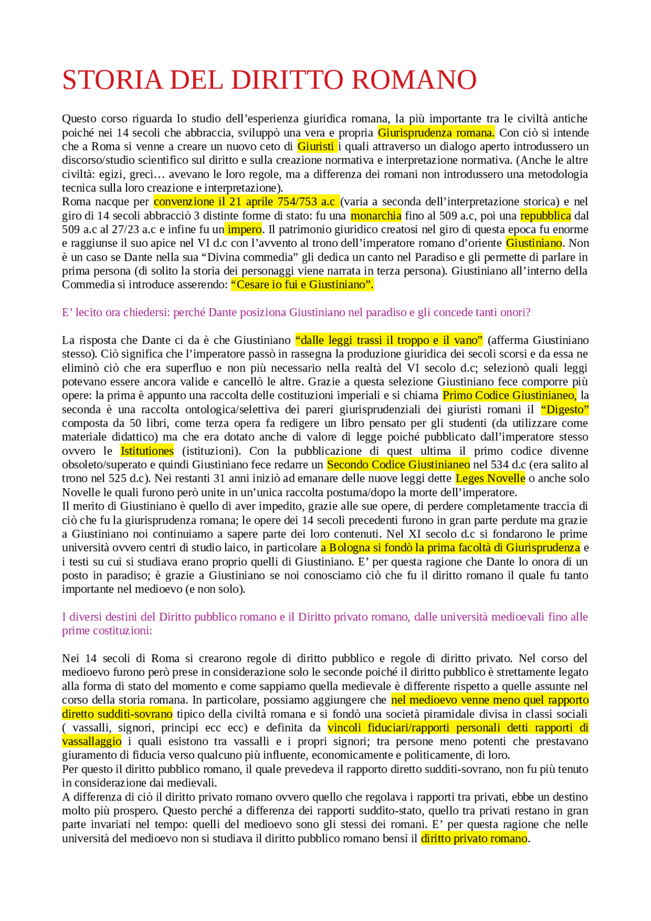 Storia del diritto romano unipi - Docsity