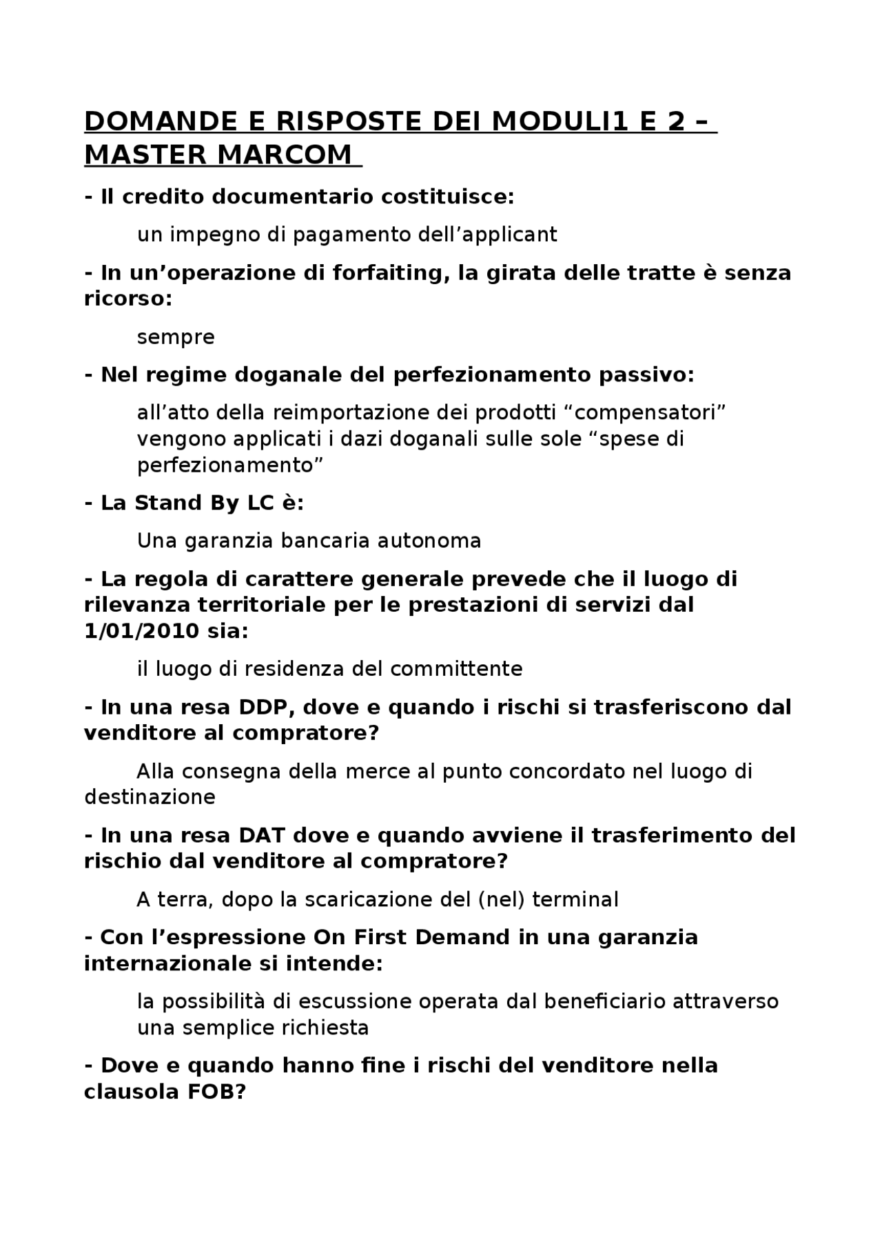 Domande E Risposte Dei Moduli 1 E 2 Master Marcom Prove Desame Di