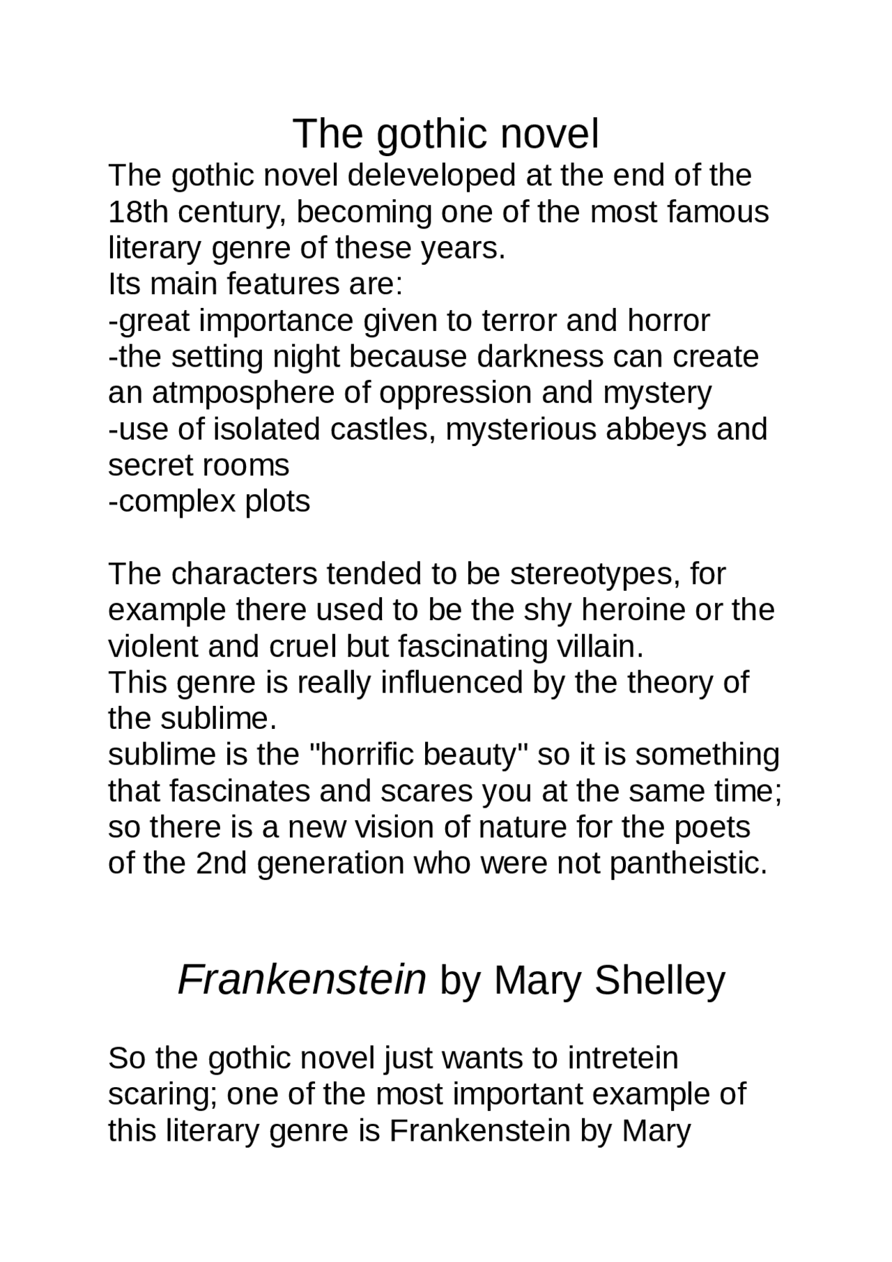 Gothic Novel E Frankenstein Docsity