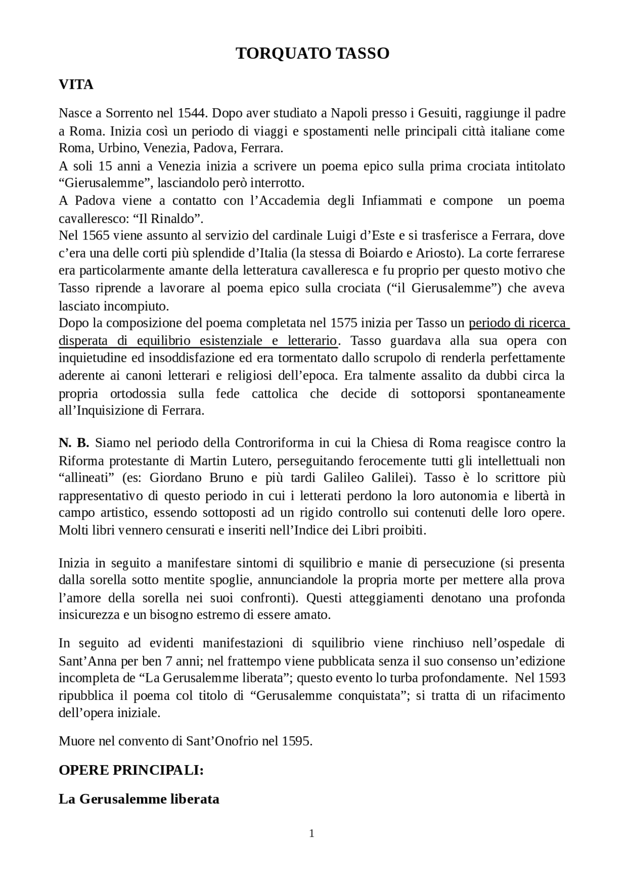 Torquato Tasso Biografia Gerusalemme Liberata Docsity