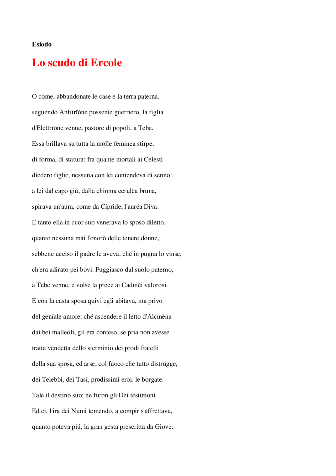 Esiodo, Lo scudo di Eracle | Traduzioni di Greco | Docsity