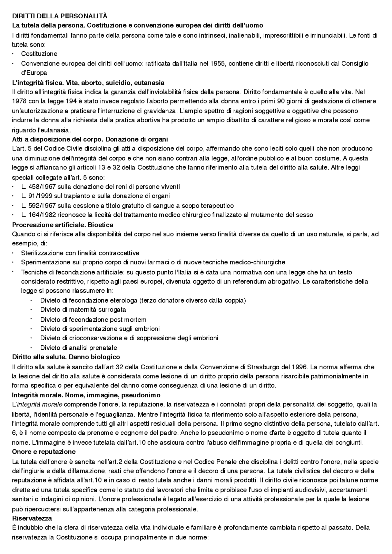 Diritto Privato I Diritti Della Personalità Docsity