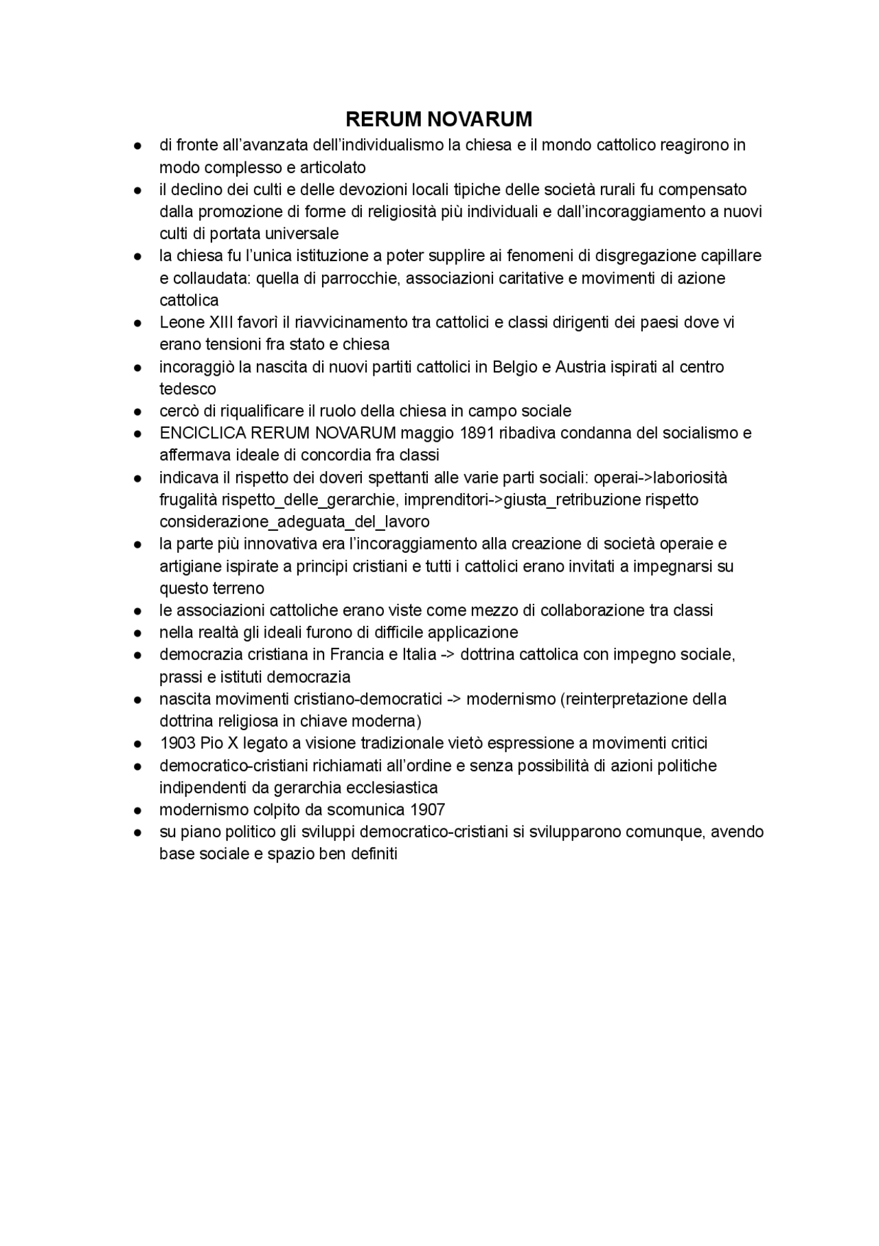 Rerum Novarum - appunti 5 liceo | Appunti di Storia - Docsity