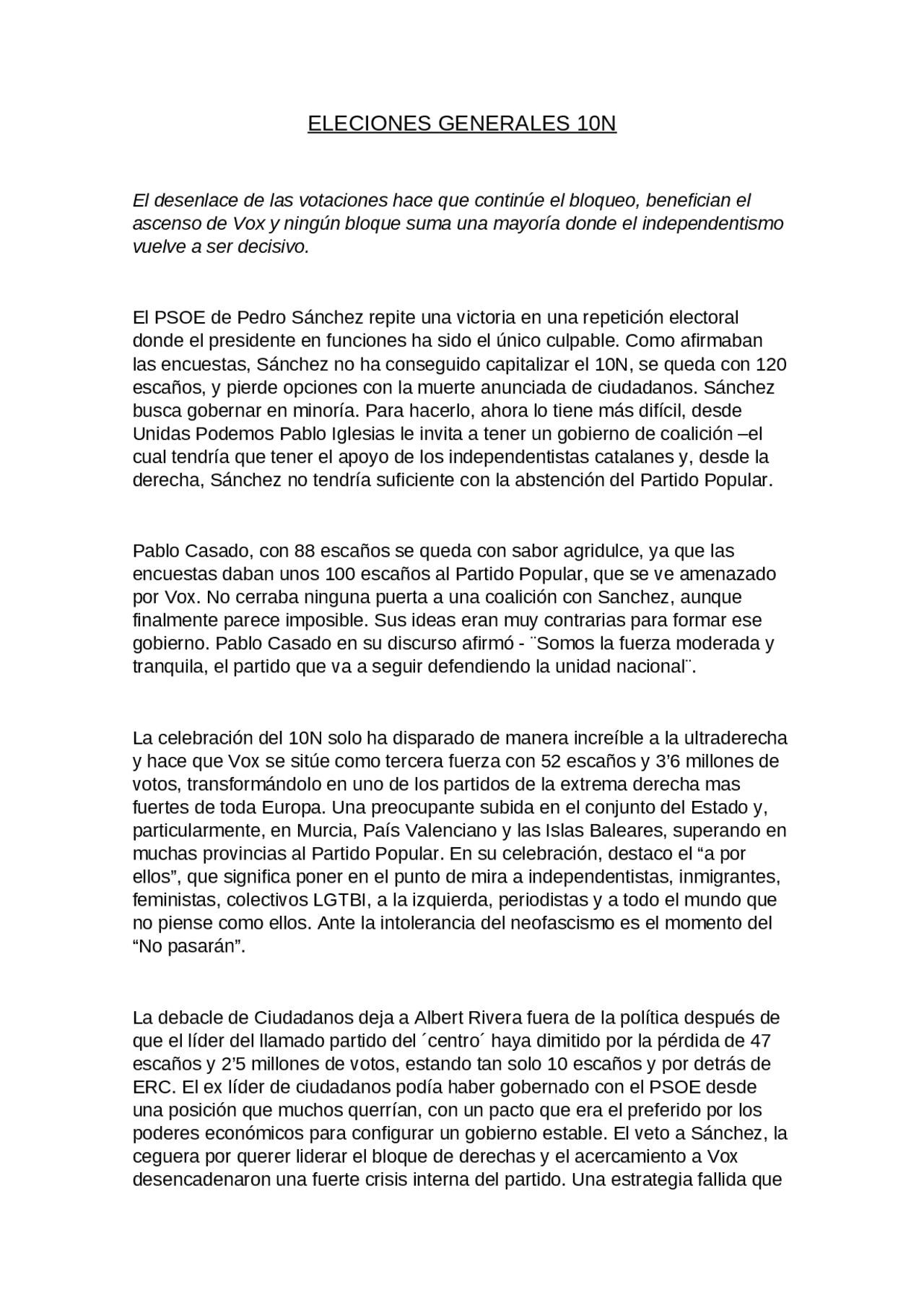 Cronica Elecciones Generales 10n Docsity