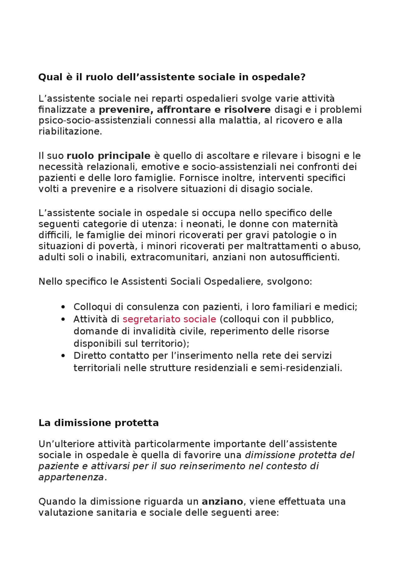 Il Ruolo Dellassistente Sociale In Ospedale Docsity