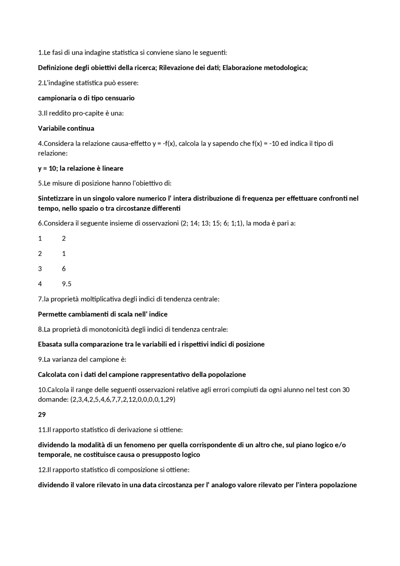 Test Di Statistica Domanda E Risposta Esercizi Di Statistica Docsity