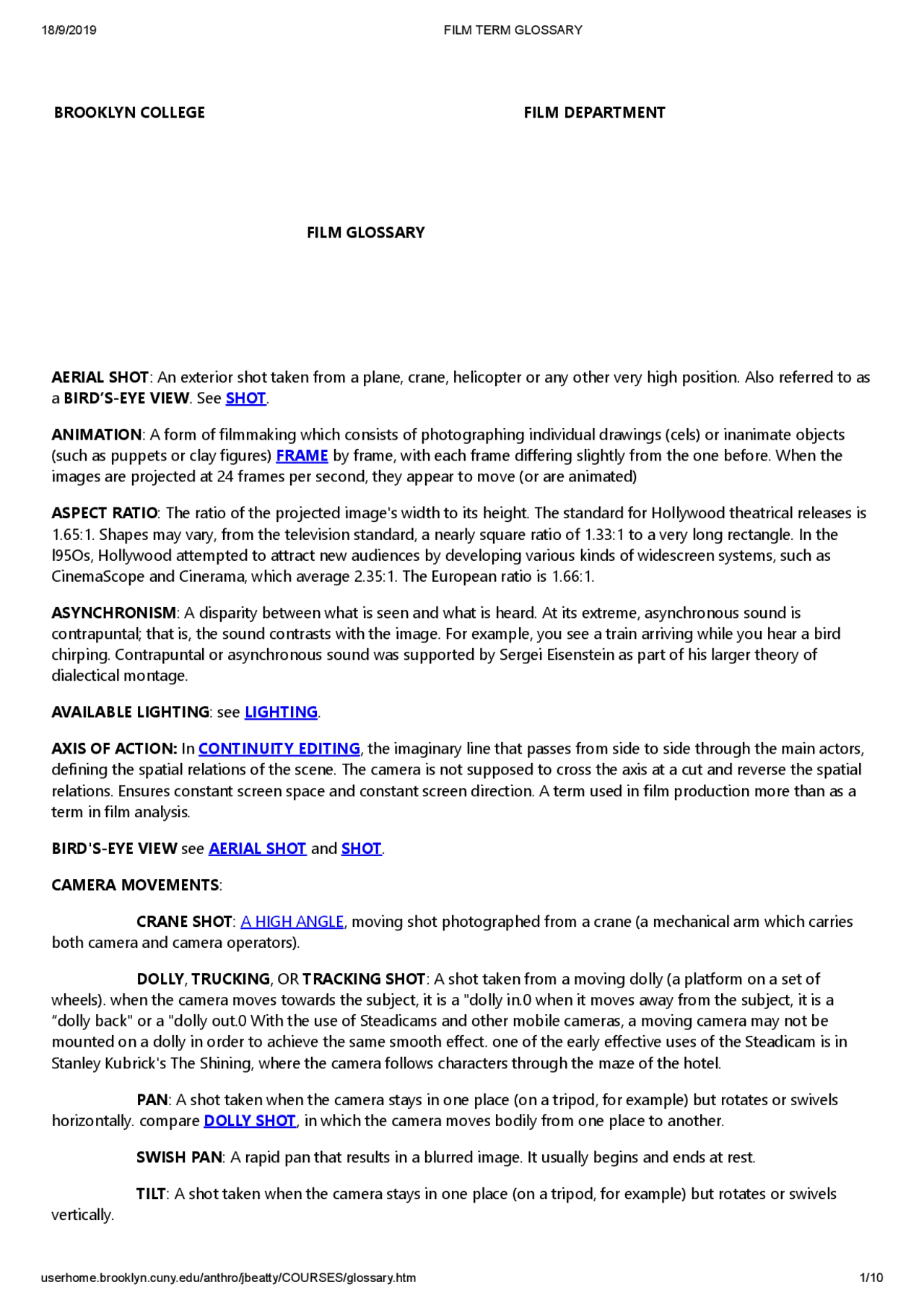 FILM TERM GLOSSARY - glosario de términos cinematográficos | Apuntes de ...
