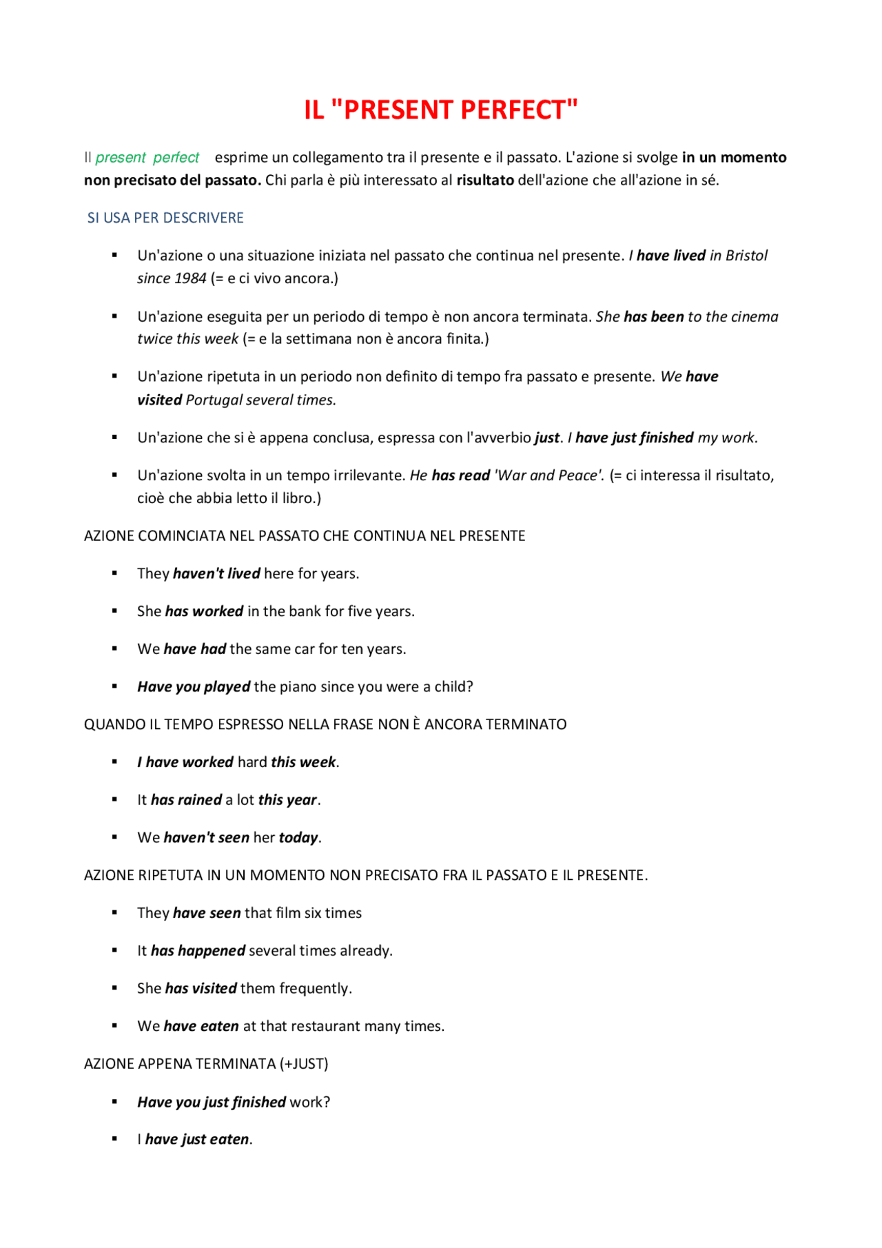 Come usare e cosa è il PRESENT PERFECT - Docsity
