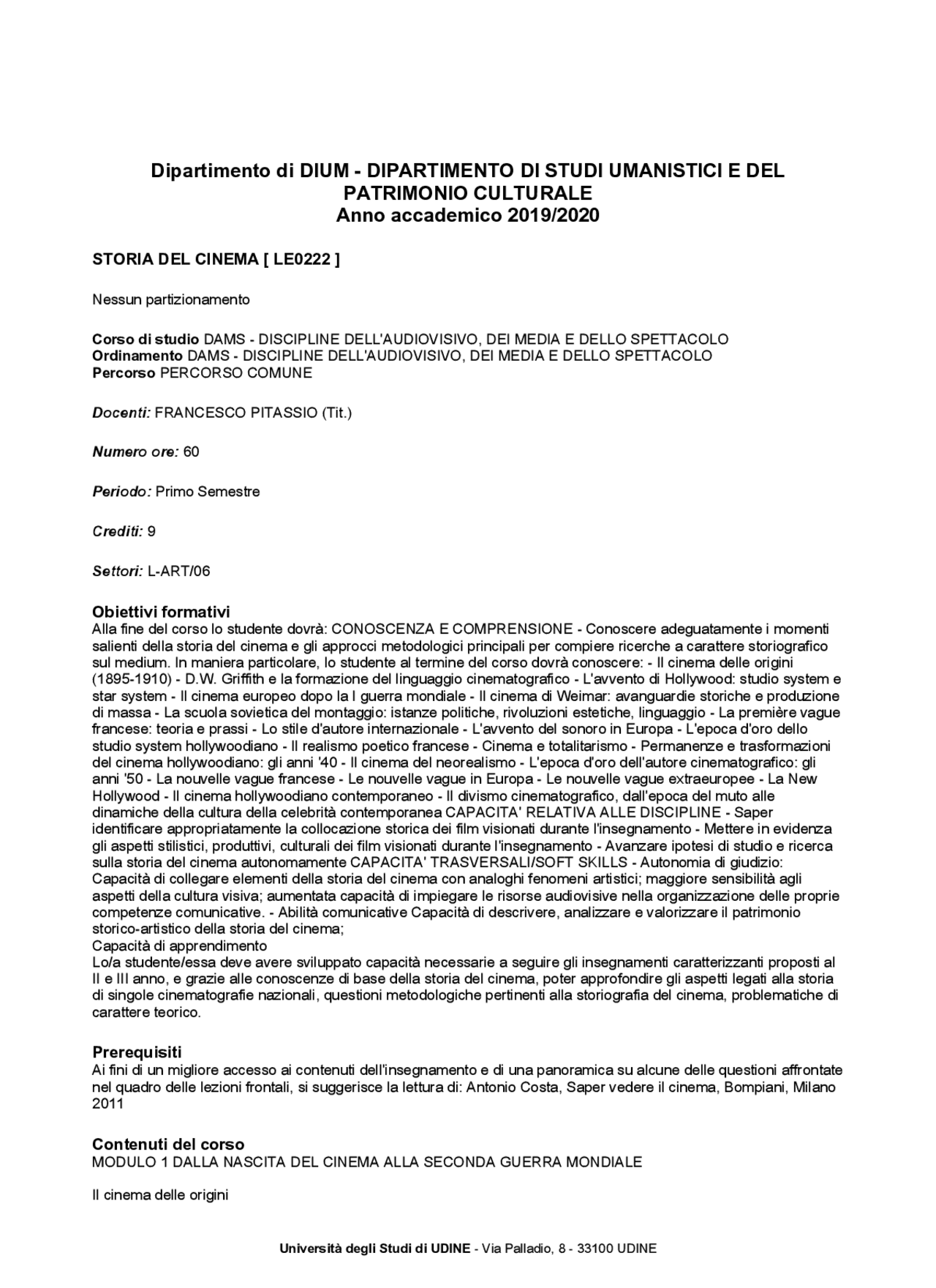 Programma Storia Del Cinema Docsity