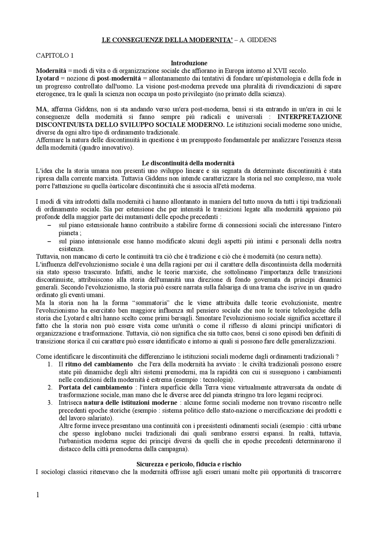 Riassunto Giddens Del Libro Docsity