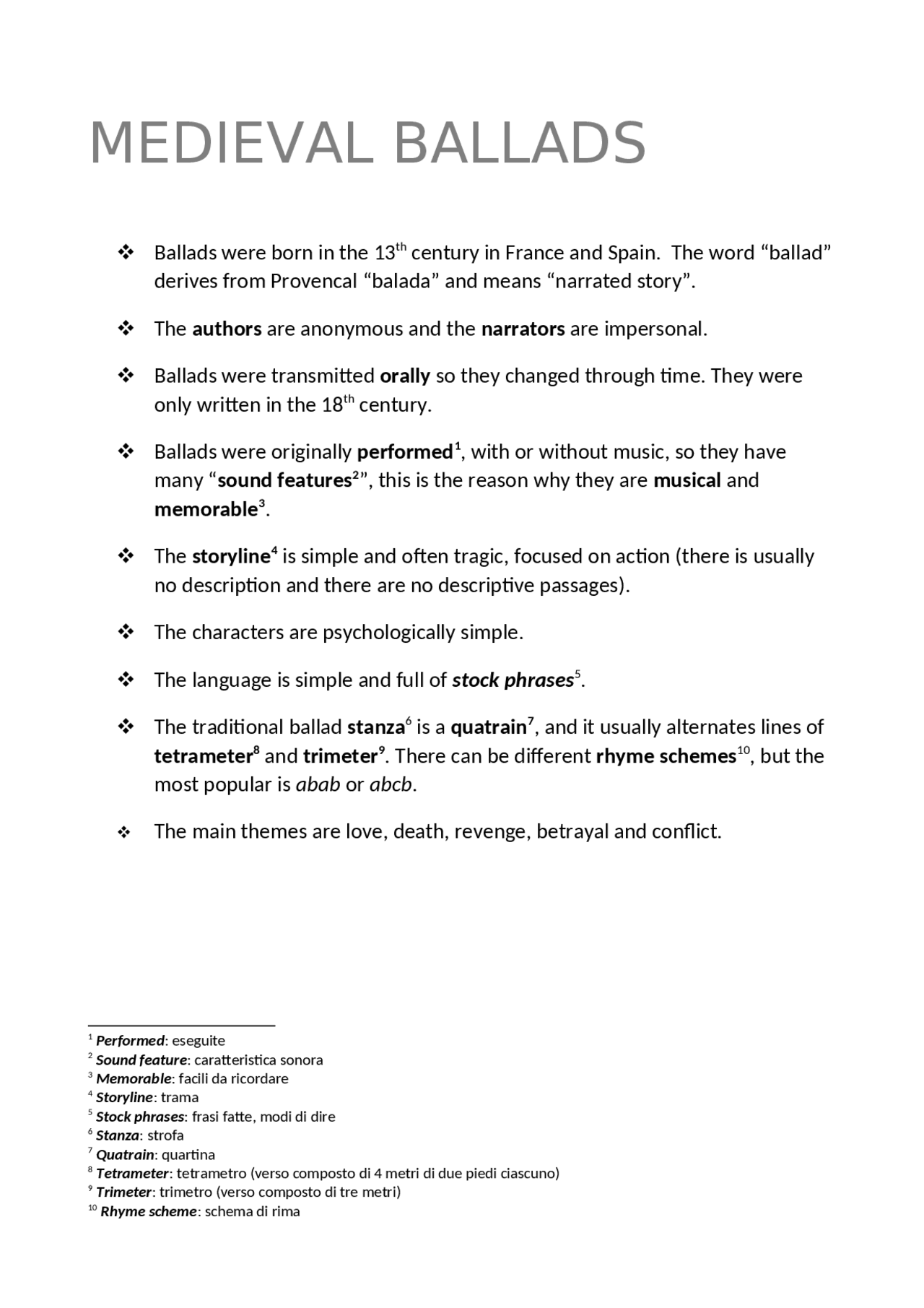 Main features of medieval ballads - Docsity