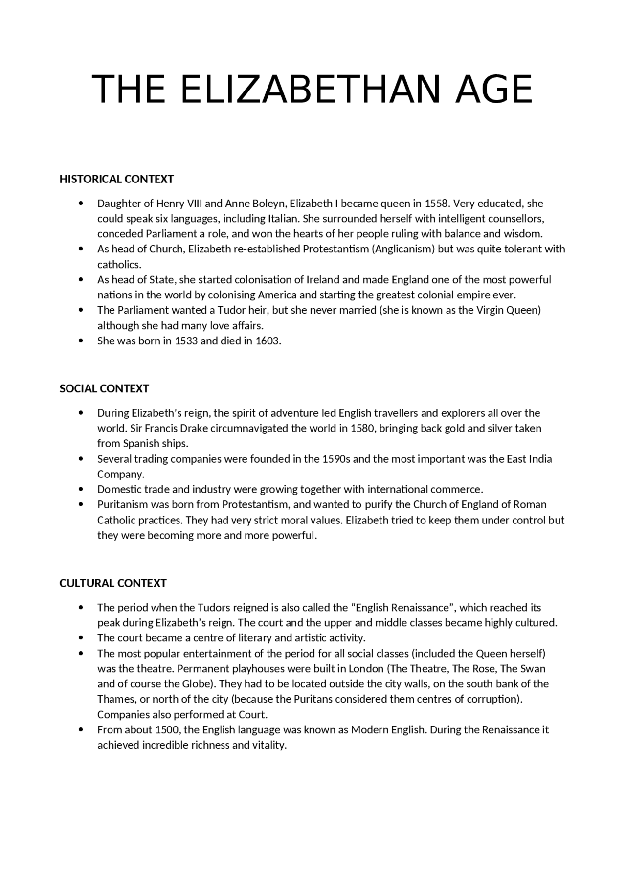 Overview of the Elizabethan Age - Docsity