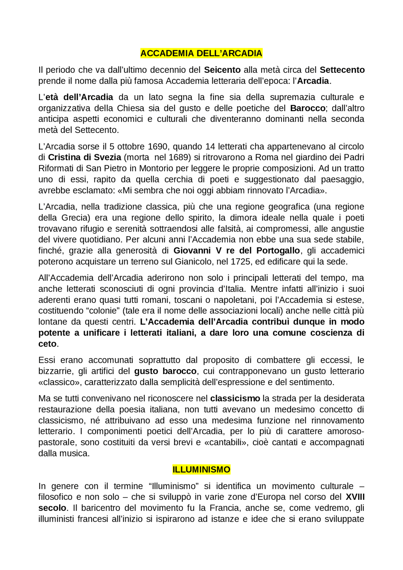 Arcadia E Illuminismo Docsity