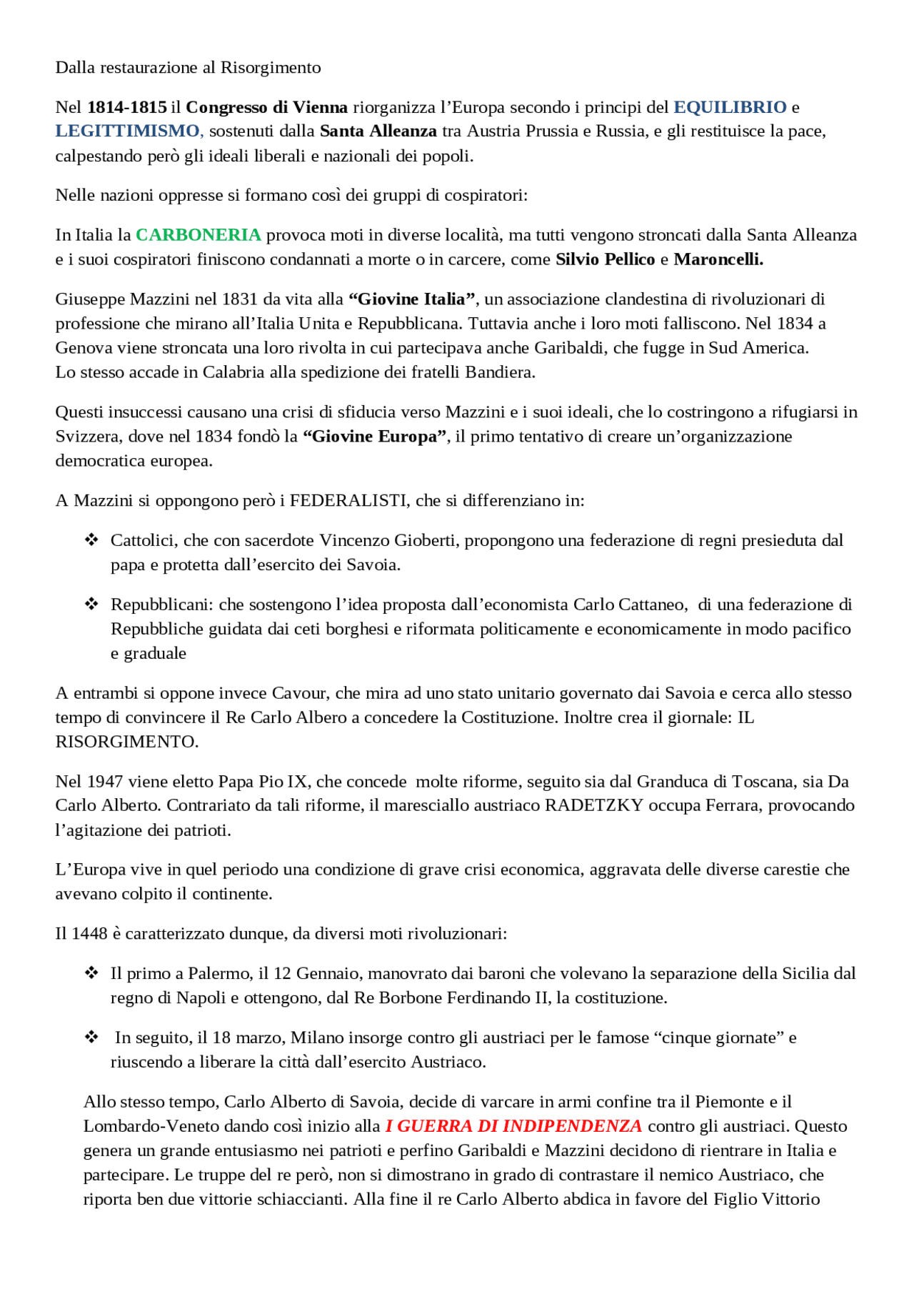 Dalla Restaurazione Al Risorgimento Docsity