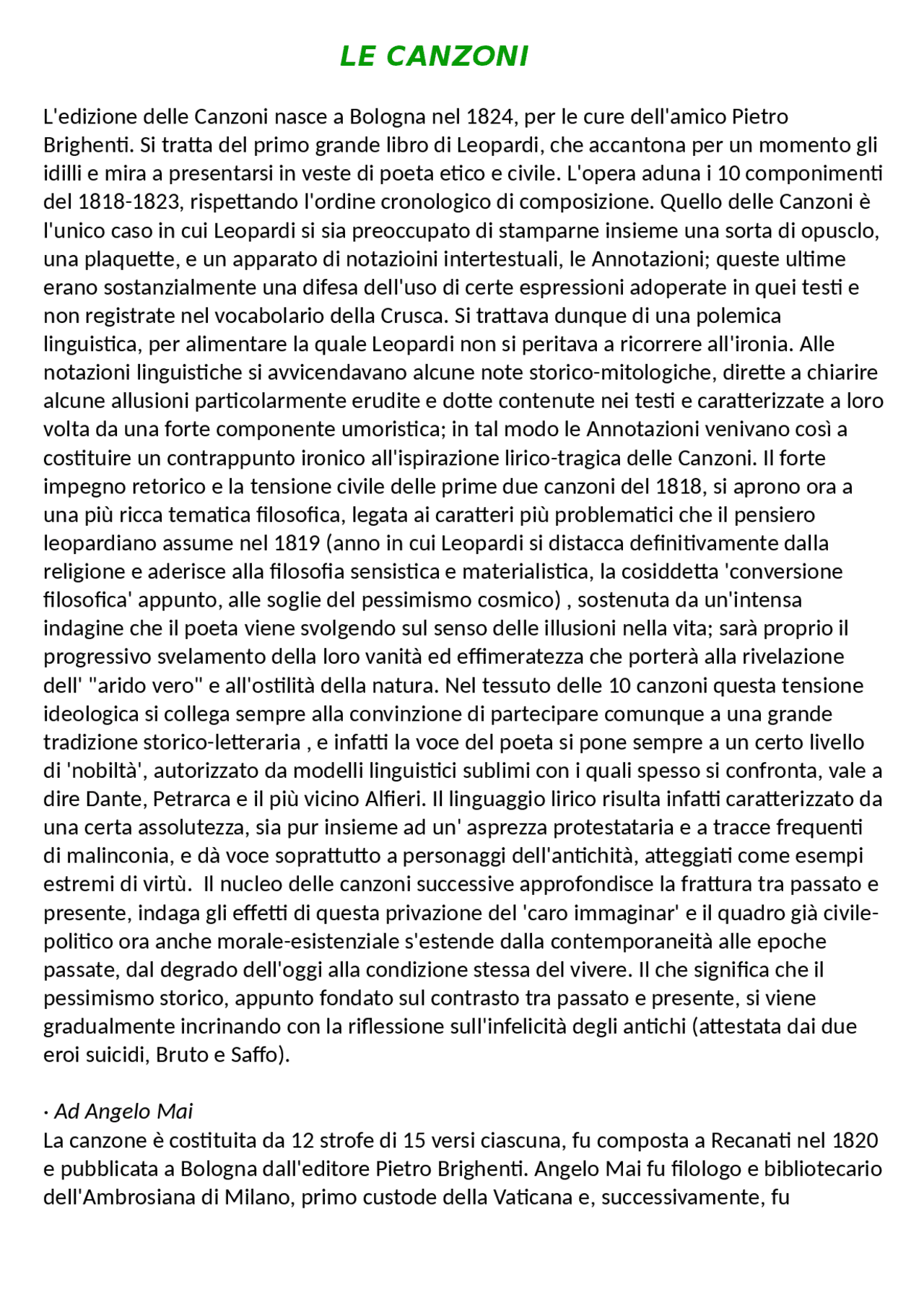 Le Canzoni Giacomo Leopardi Docsity