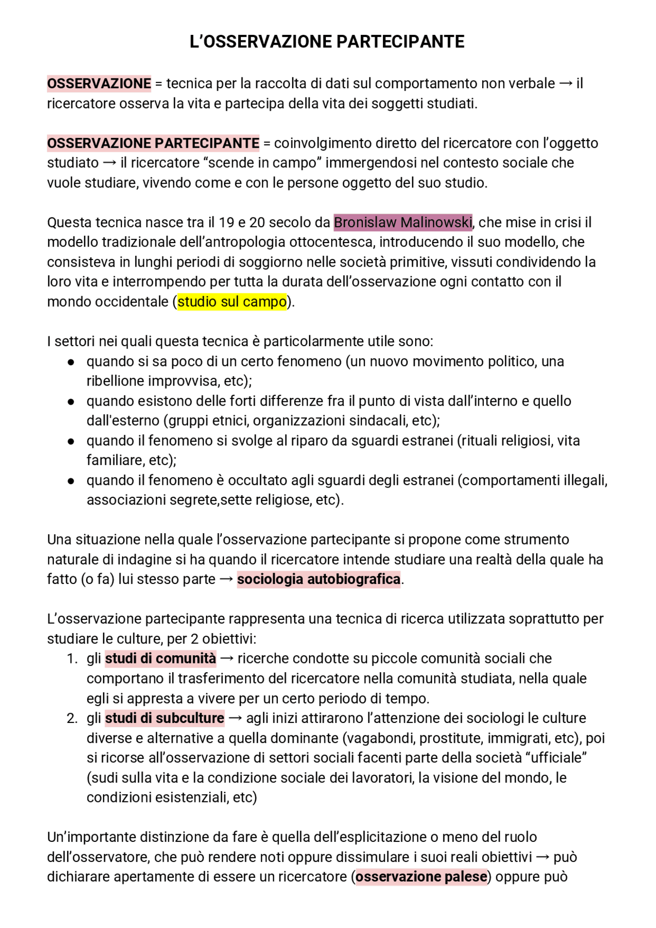 Sintesi Losservazione Partecipante Metodologia Della Ricerca