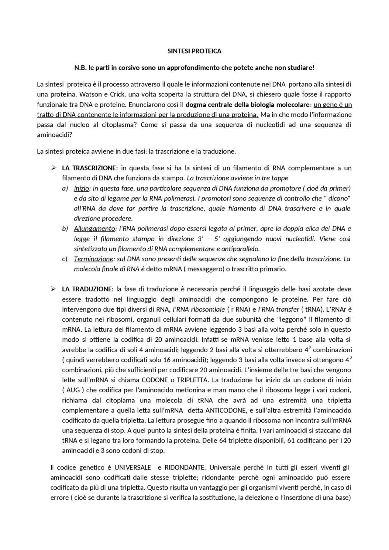Sintesi Proteica Che Cosè Docsity