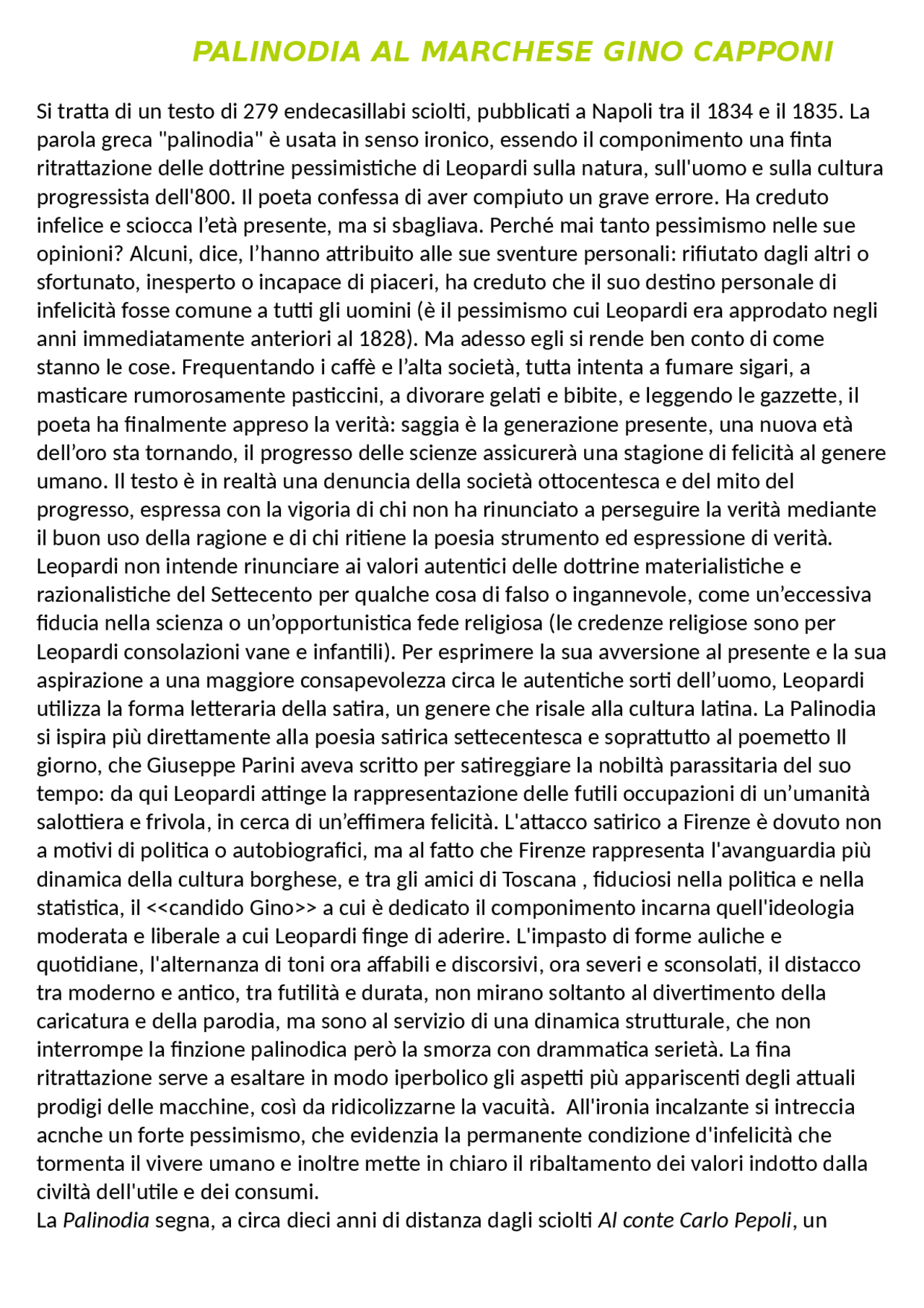 PALINODIA AL MARCHESE GINO CAPPONI, GIACOMO LEOPARDI | Appunti di ...