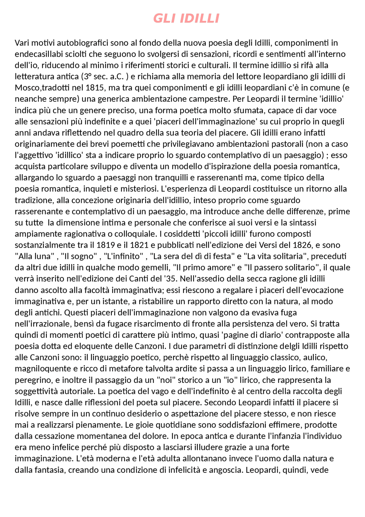 Gli Idilli Giacomo Leopardi Appunti Di Letteratura Italiana Docsity