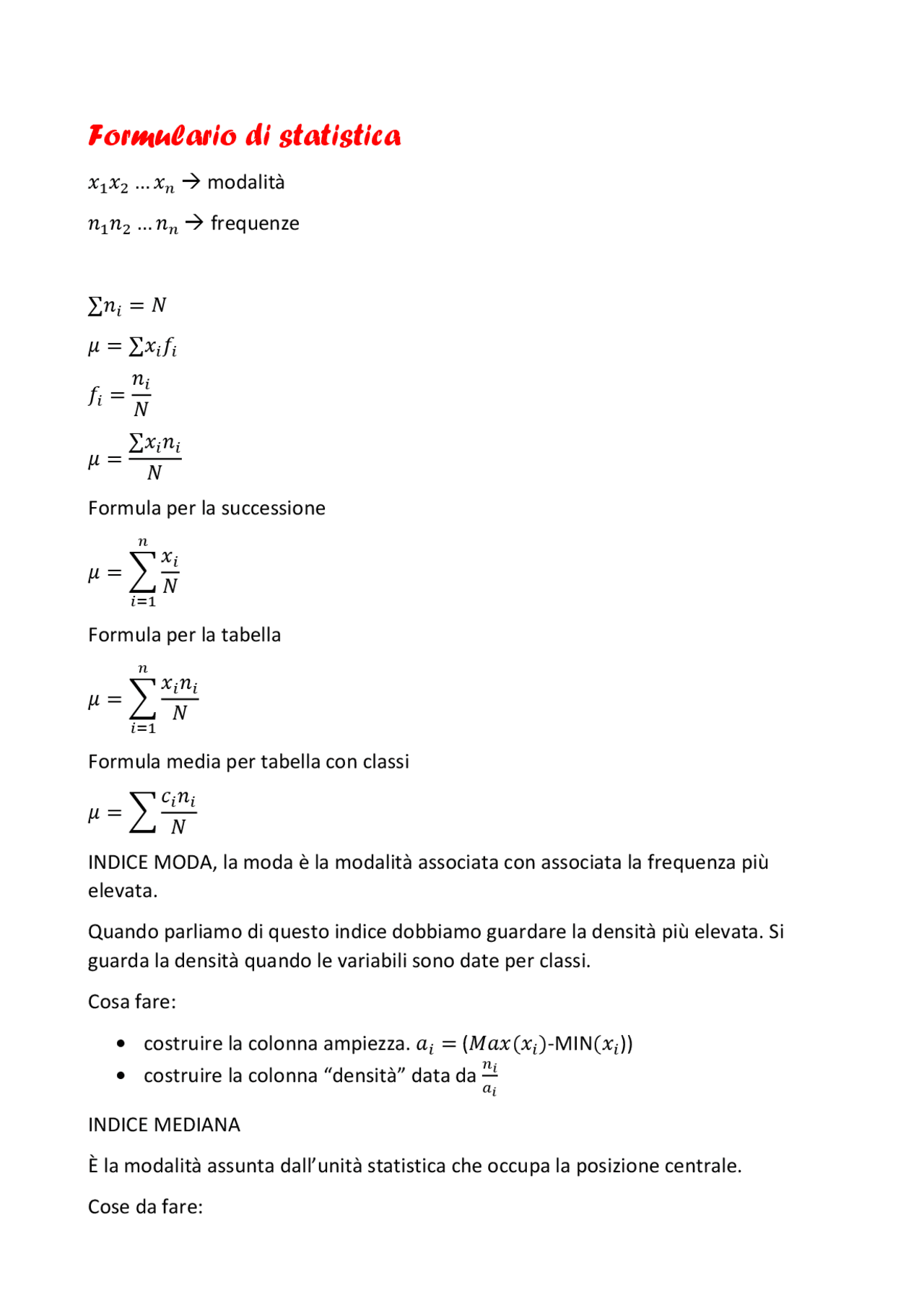 Formulario di statistica | UniPi - Docsity
