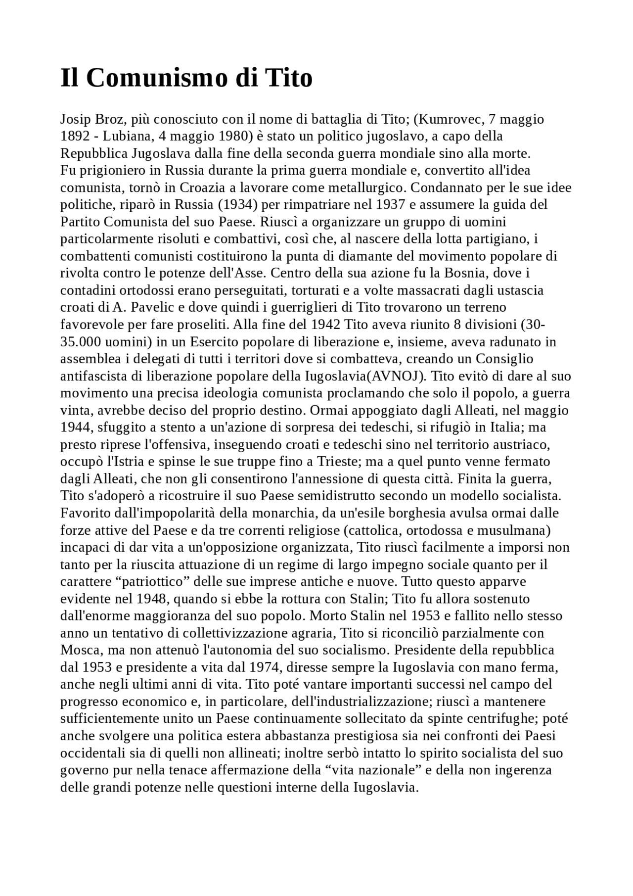 Il Comunismo Di Tito Docsity
