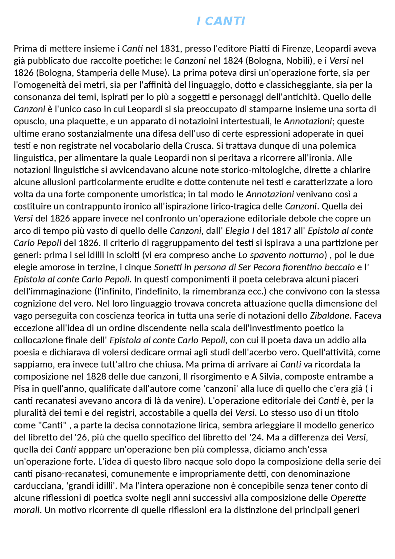 Canti Giacomo Leopardi Docsity