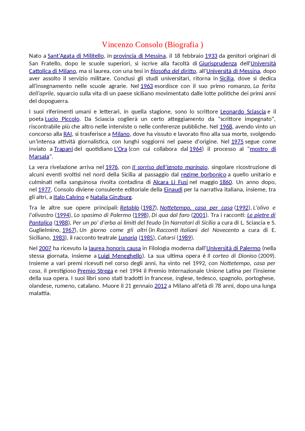 Biografia Consolo Vincenzo Docsity