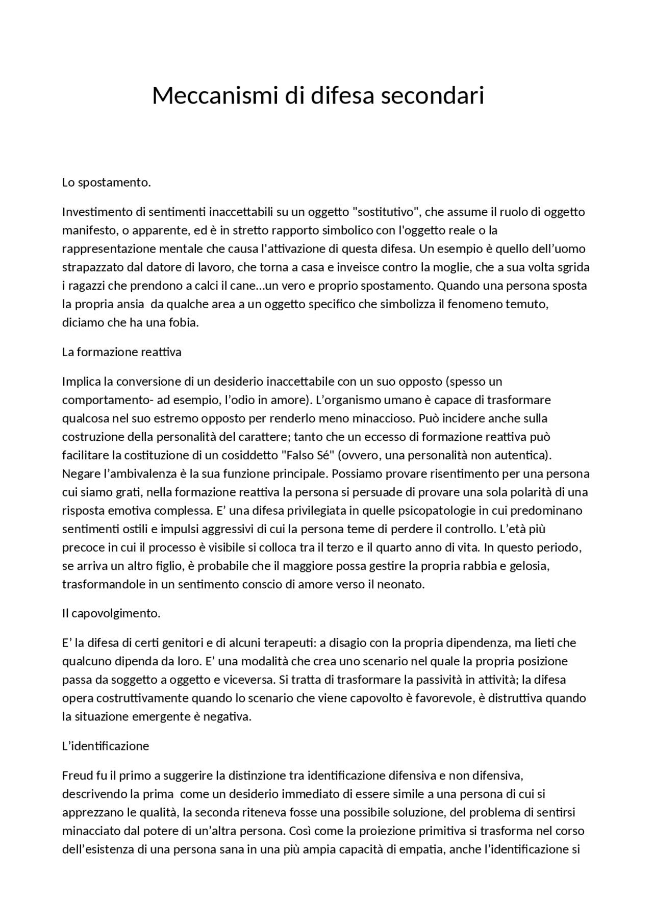 Meccanismi Di Difesa Secondari Docsity