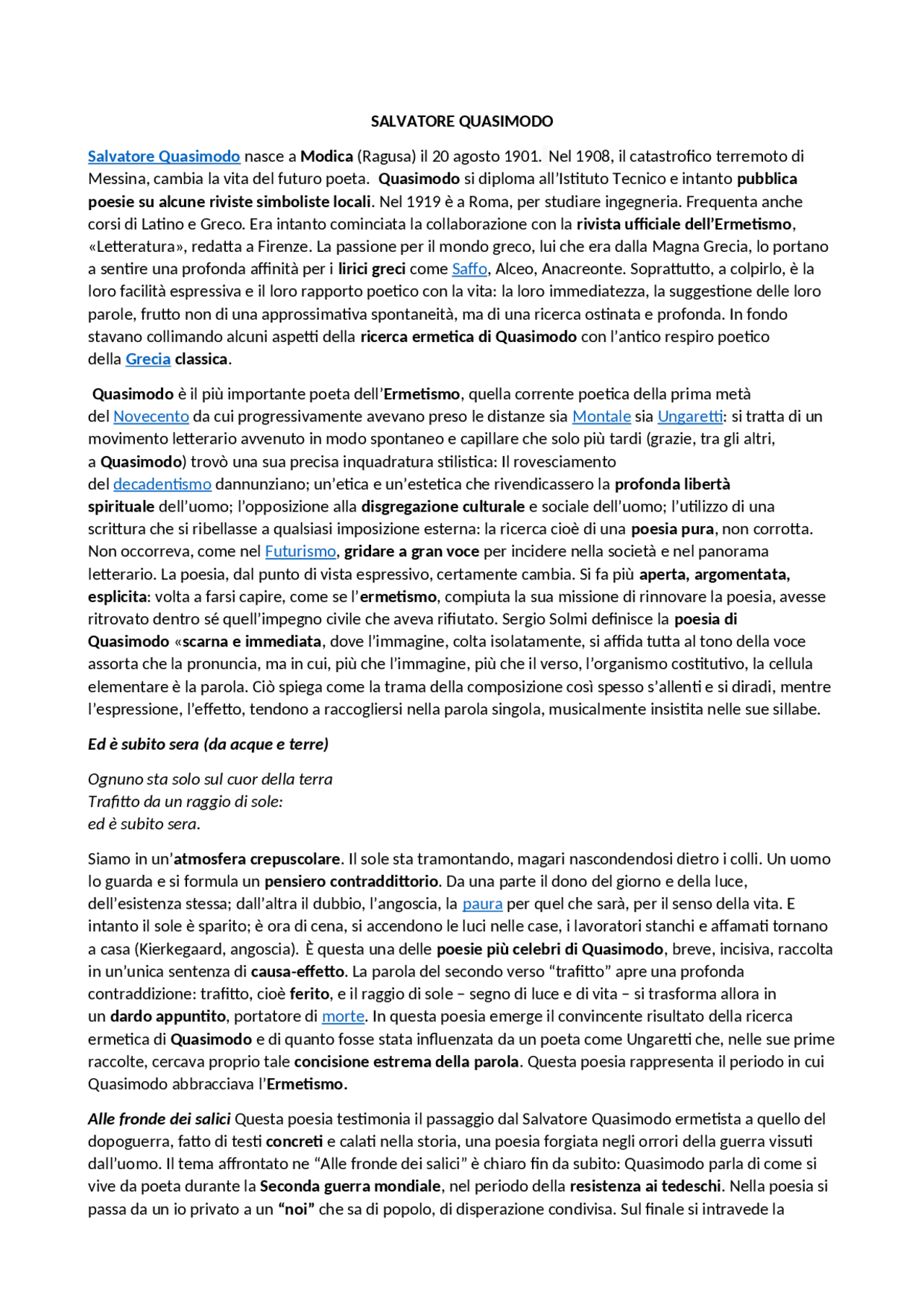 Riassunto Sulla Vita E Le Opere Di Salvatore Quasimodo Docsity