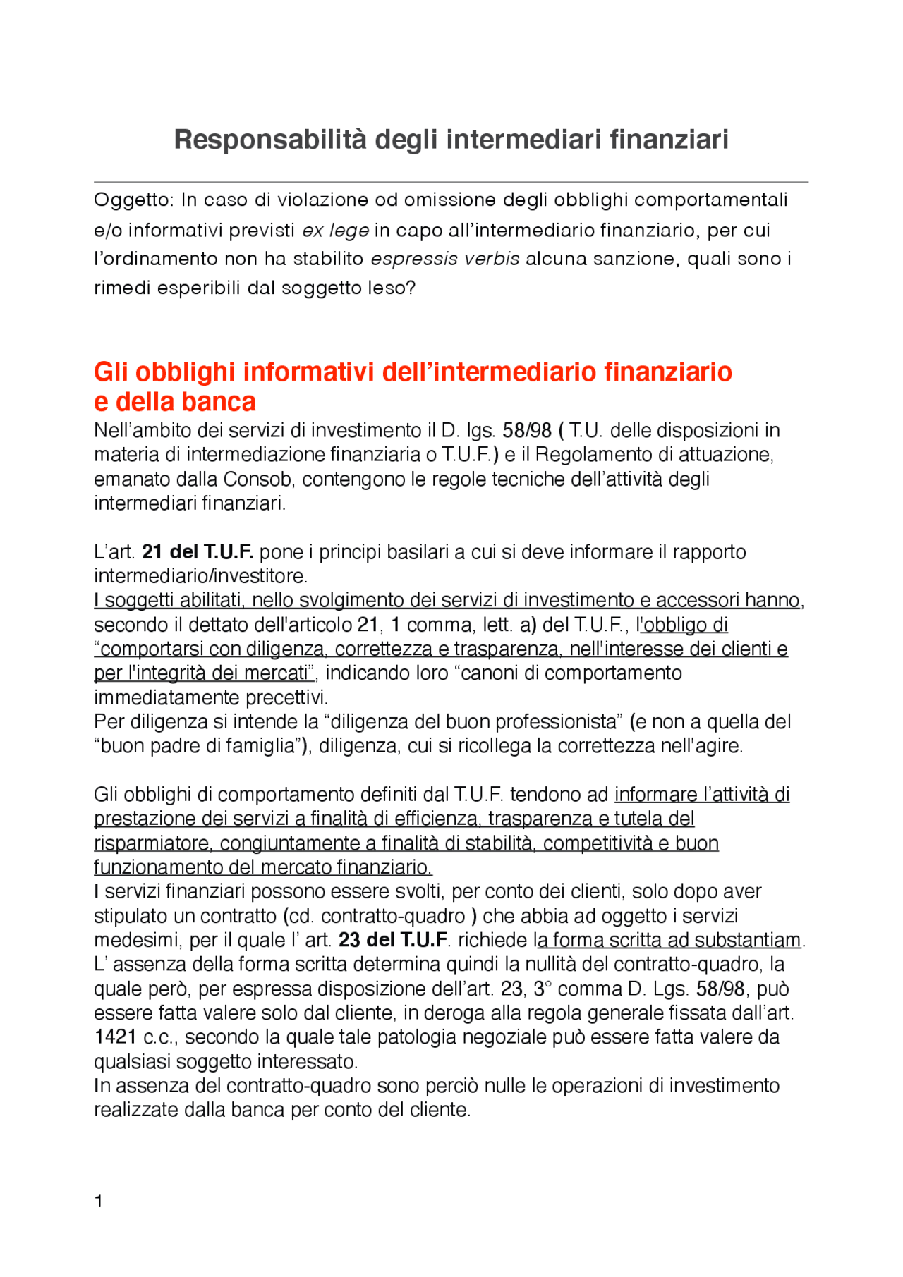 La responsabilità degli intermediari finanziari - Docsity