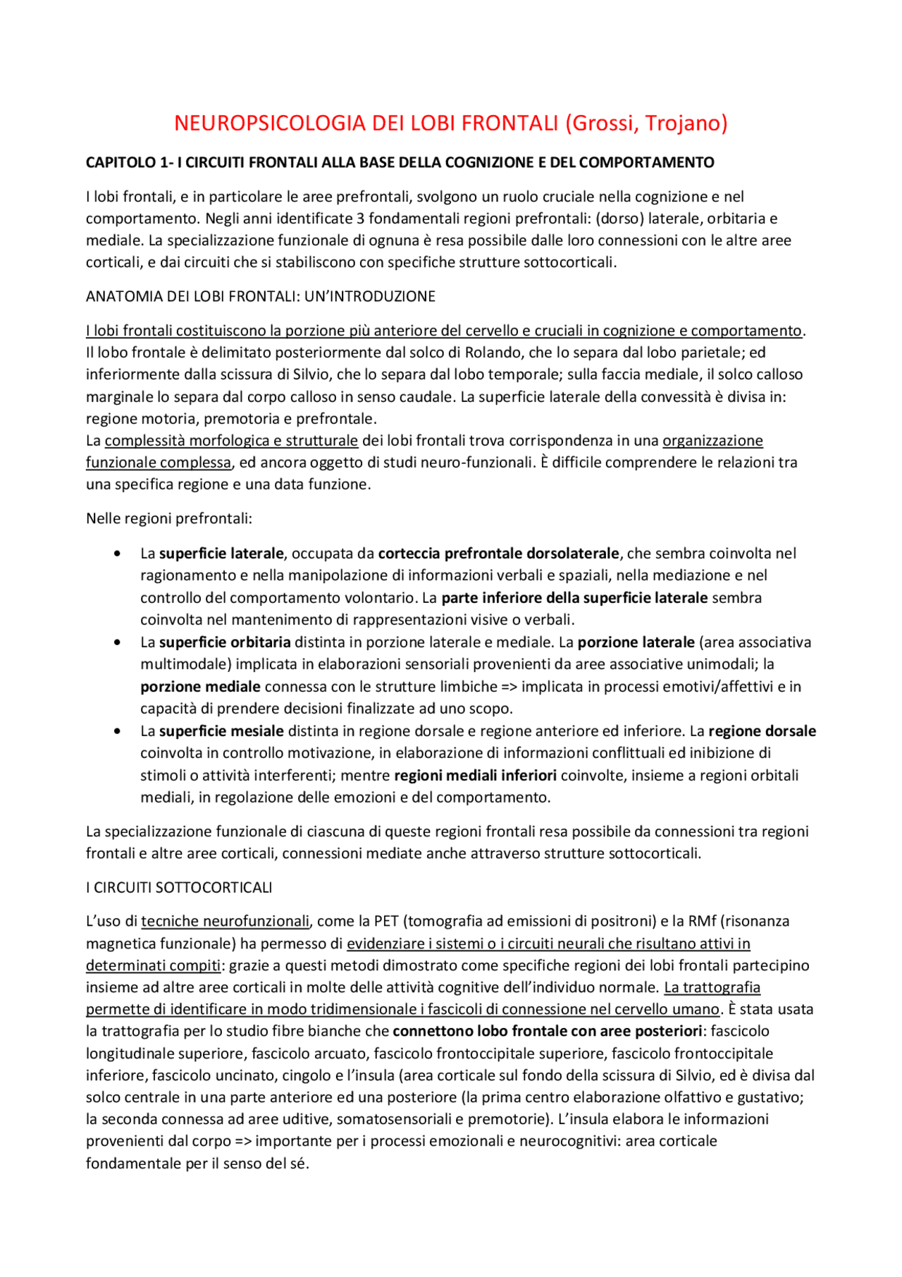 Neuropsicologia dei lobi frontali - Docsity